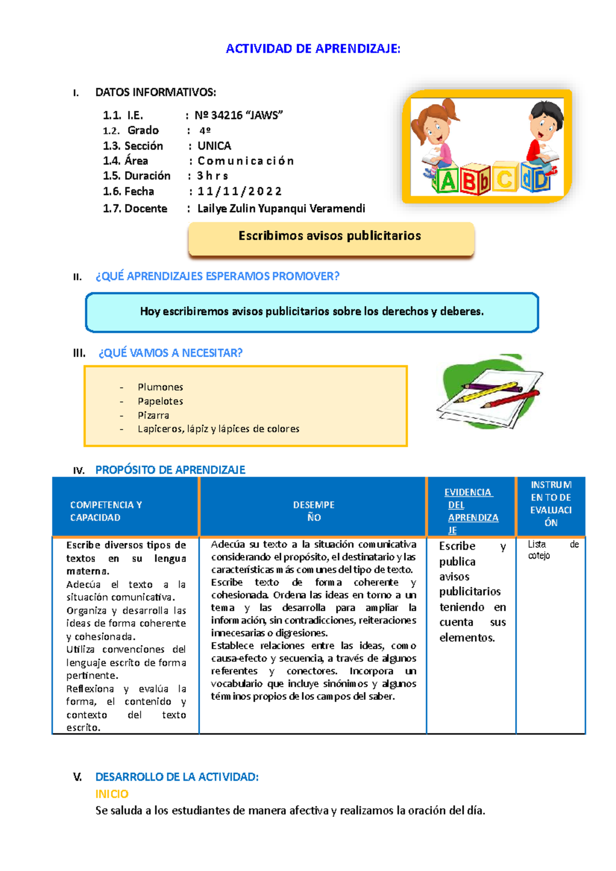 25 Sesión de Aprendizaje C 11 de noviembre - ACTIVIDAD DE APRENDIZAJE: I. DATOS INFORMATIVOS: 1 ...