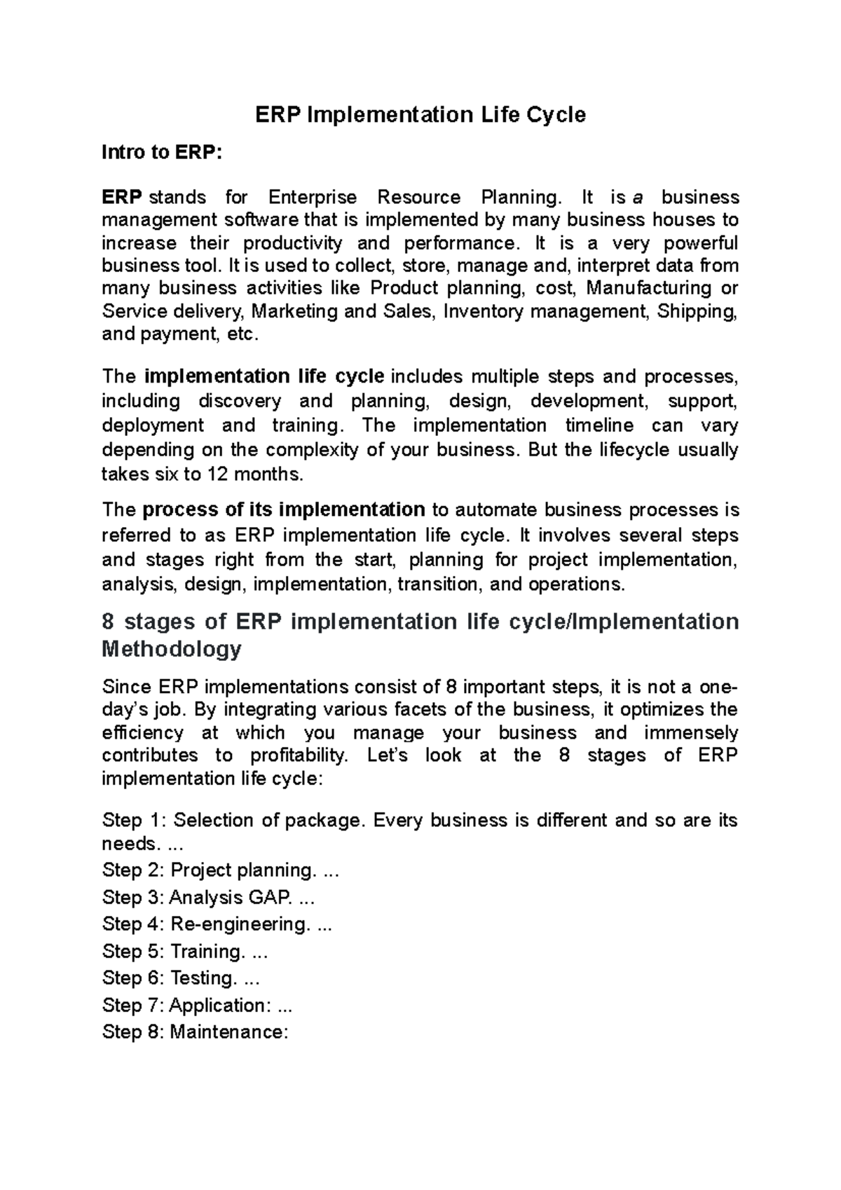 ERP life cycle implementation - ERP Implementation Life Cycle Intro to ...