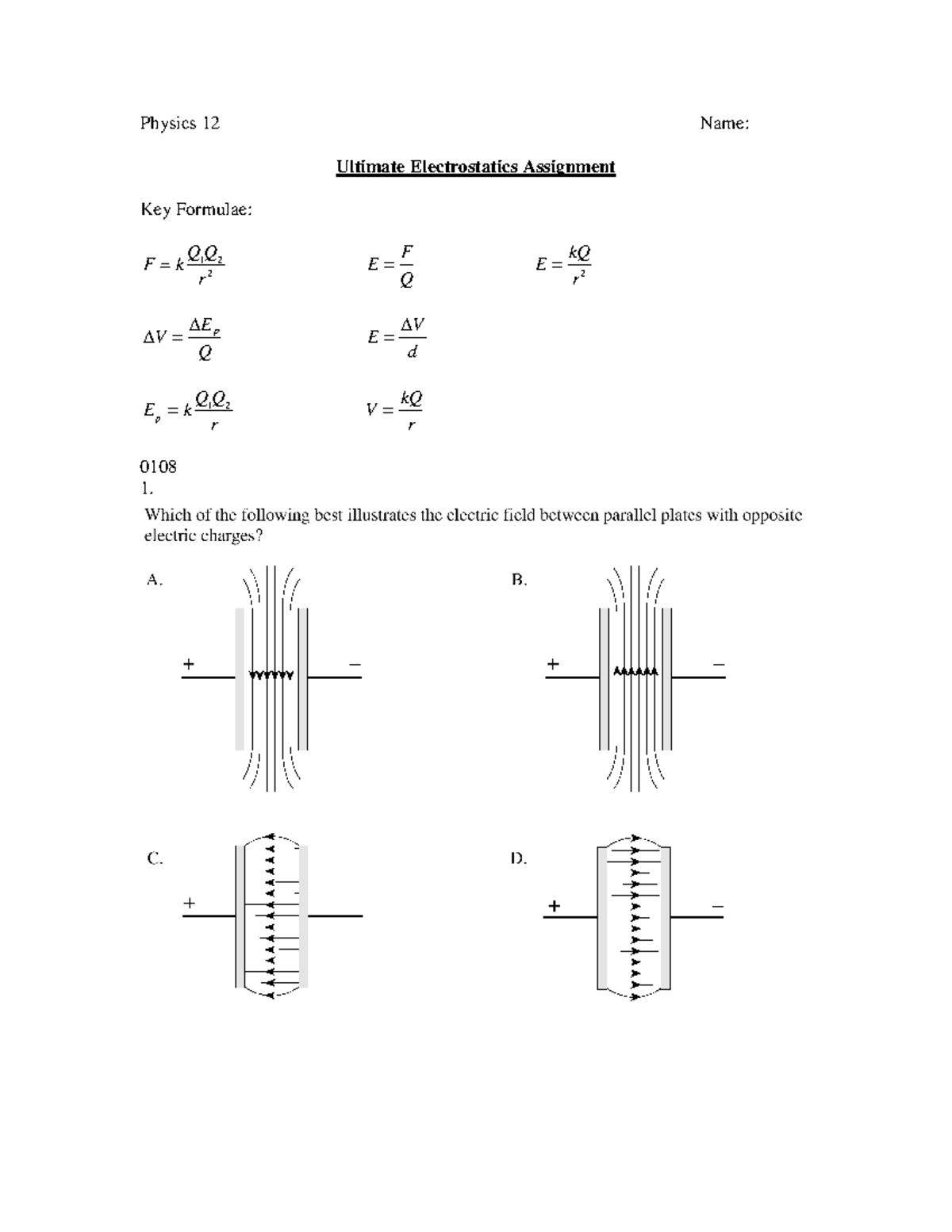 Ultimate Electrostatics Review - Physics 12 Name: Ultimate ...
