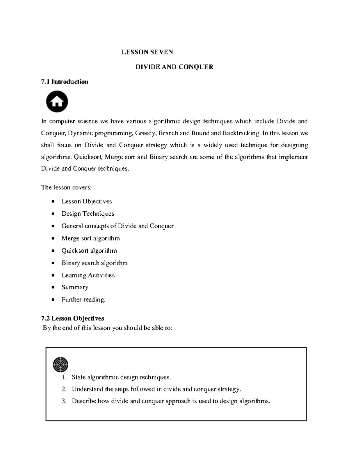 Lesson 7 Divide AND Conqur - LESSON SEVEN DIVIDE AND CONQUER 7 .1 ...