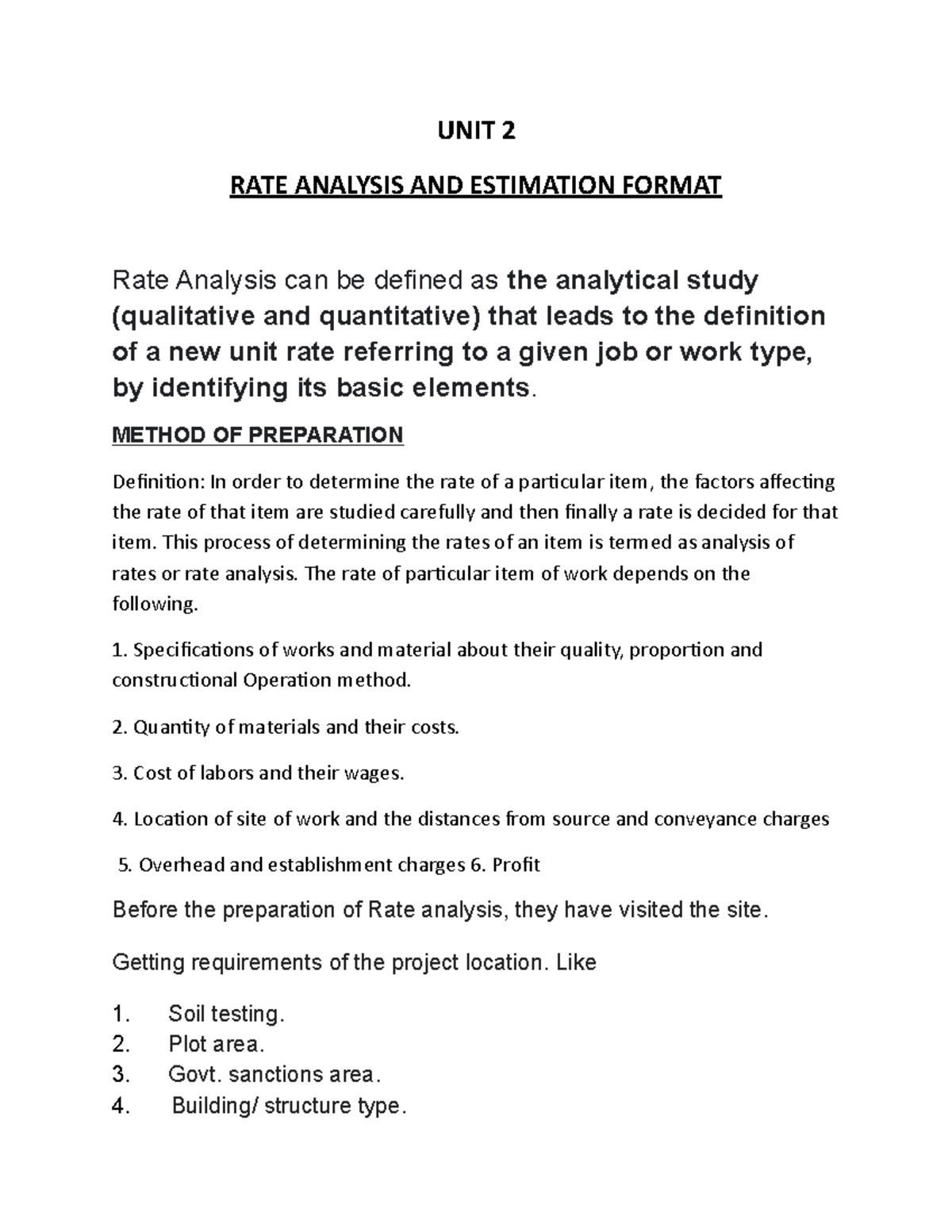 Estimation note unit 2 - UNIT 2 RATE ANALYSIS AND ESTIMATION FORMAT ...