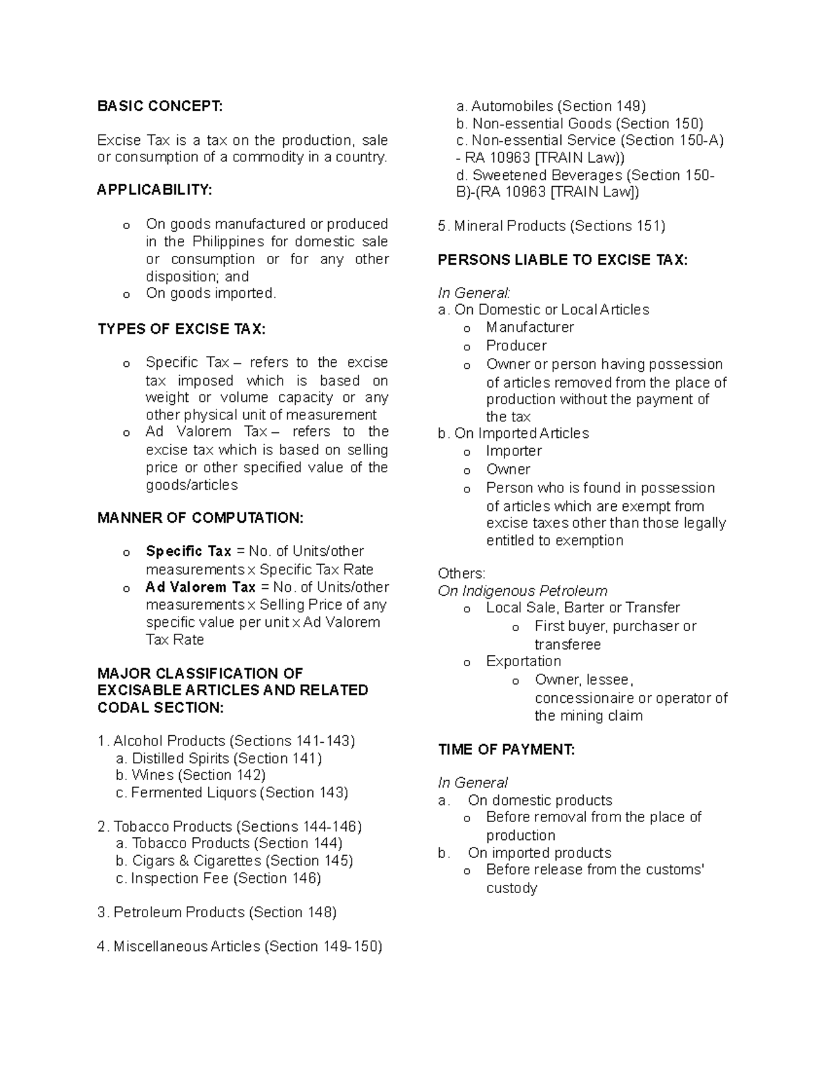 EXCISE TAX CONCEPT APPLICABILITY AND MANNER OF COMPUTATION BASIC
