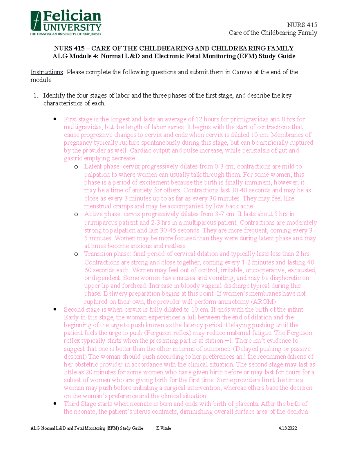 Active Learning Guide - Module 4 - Care of the Childbearing Family NURS ...