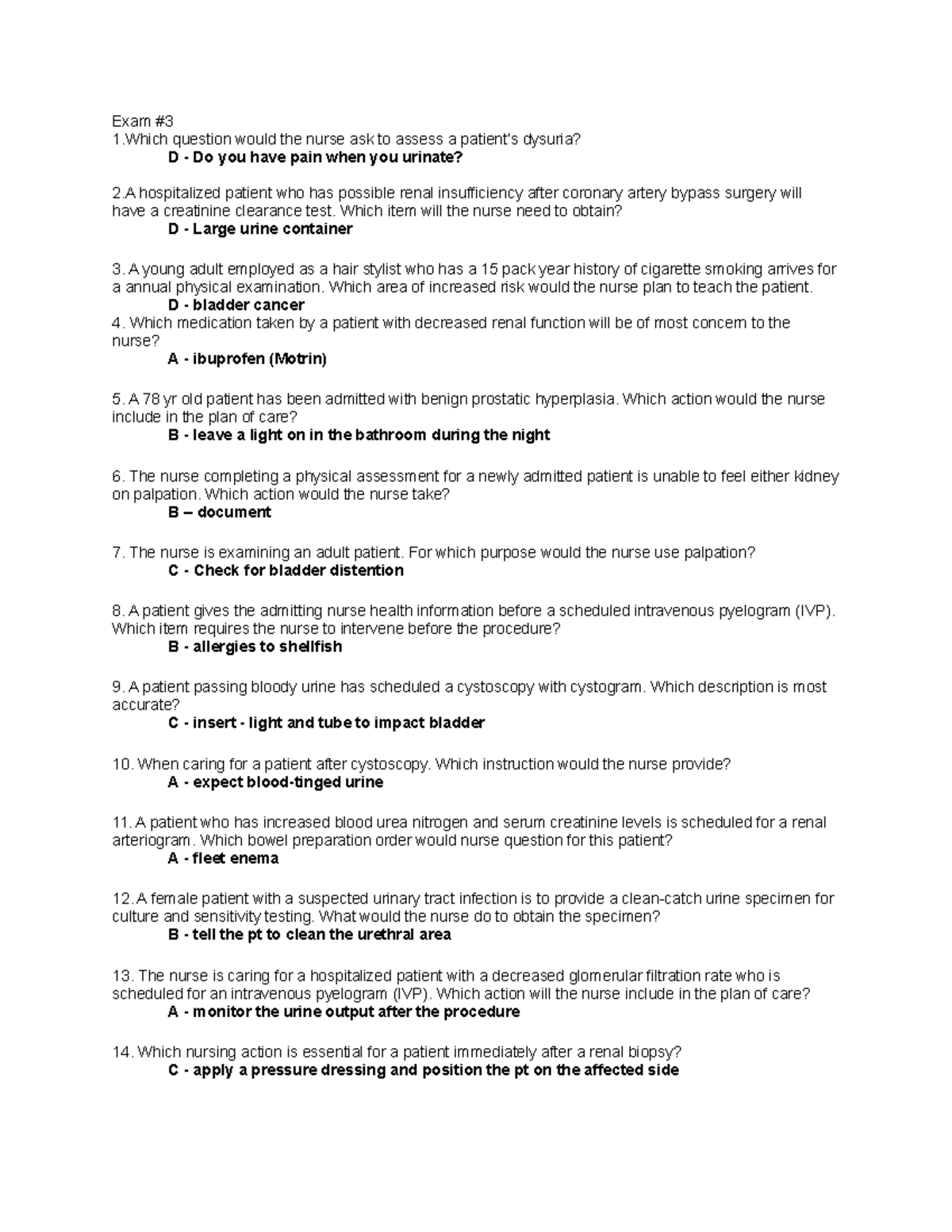 Exam #3 - Sample exam 3 NCLEX style questions. - Exam # 1 question ...