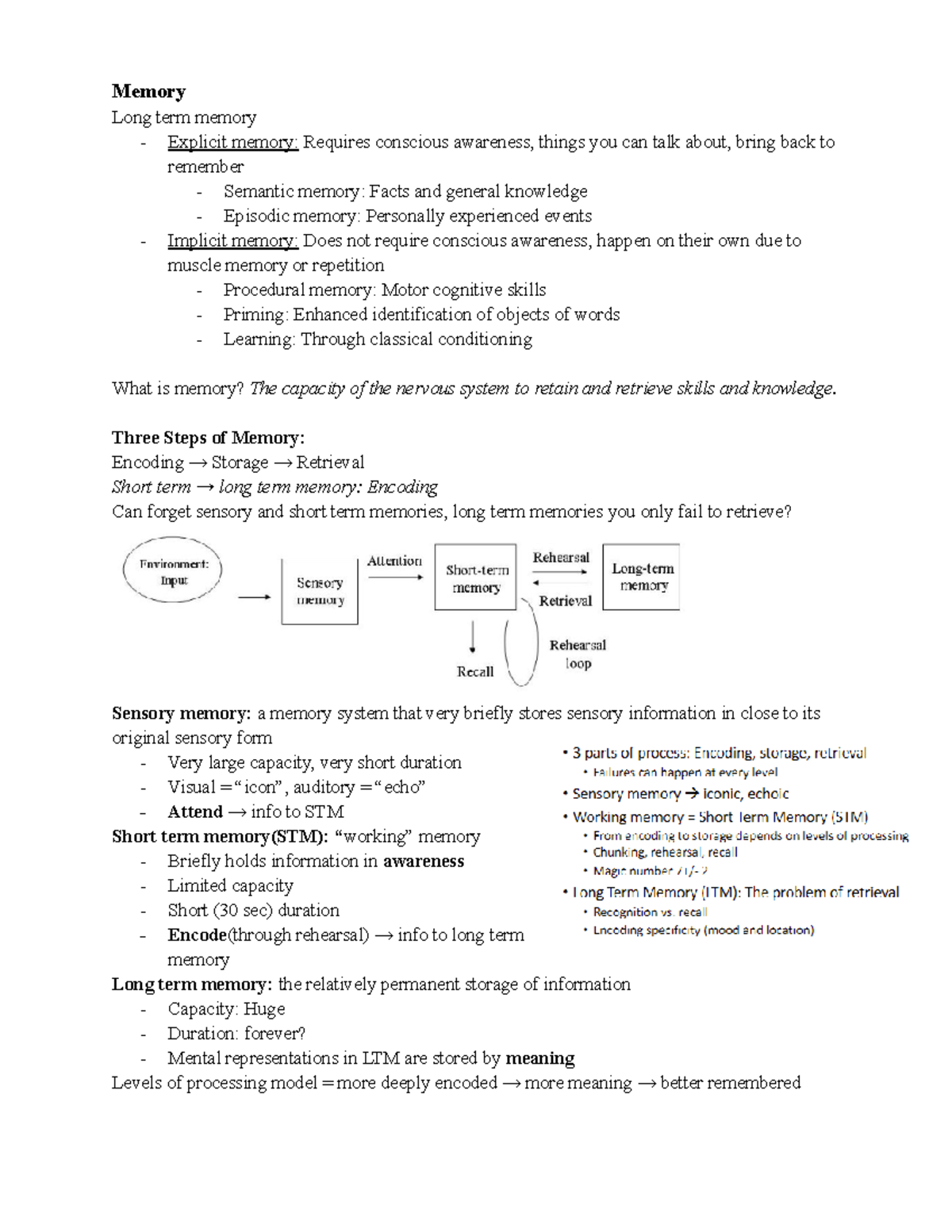 Psychology - Memory - Memory Long term memory - Explicit memory: Requires conscious awareness ...