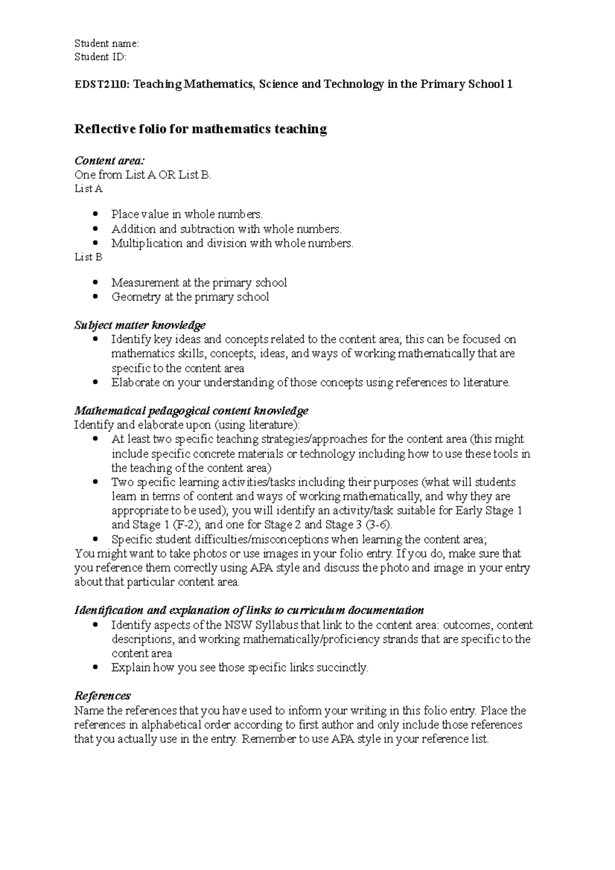 Reflective folio entry template - Student name: Student ID: EDST2110 ...
