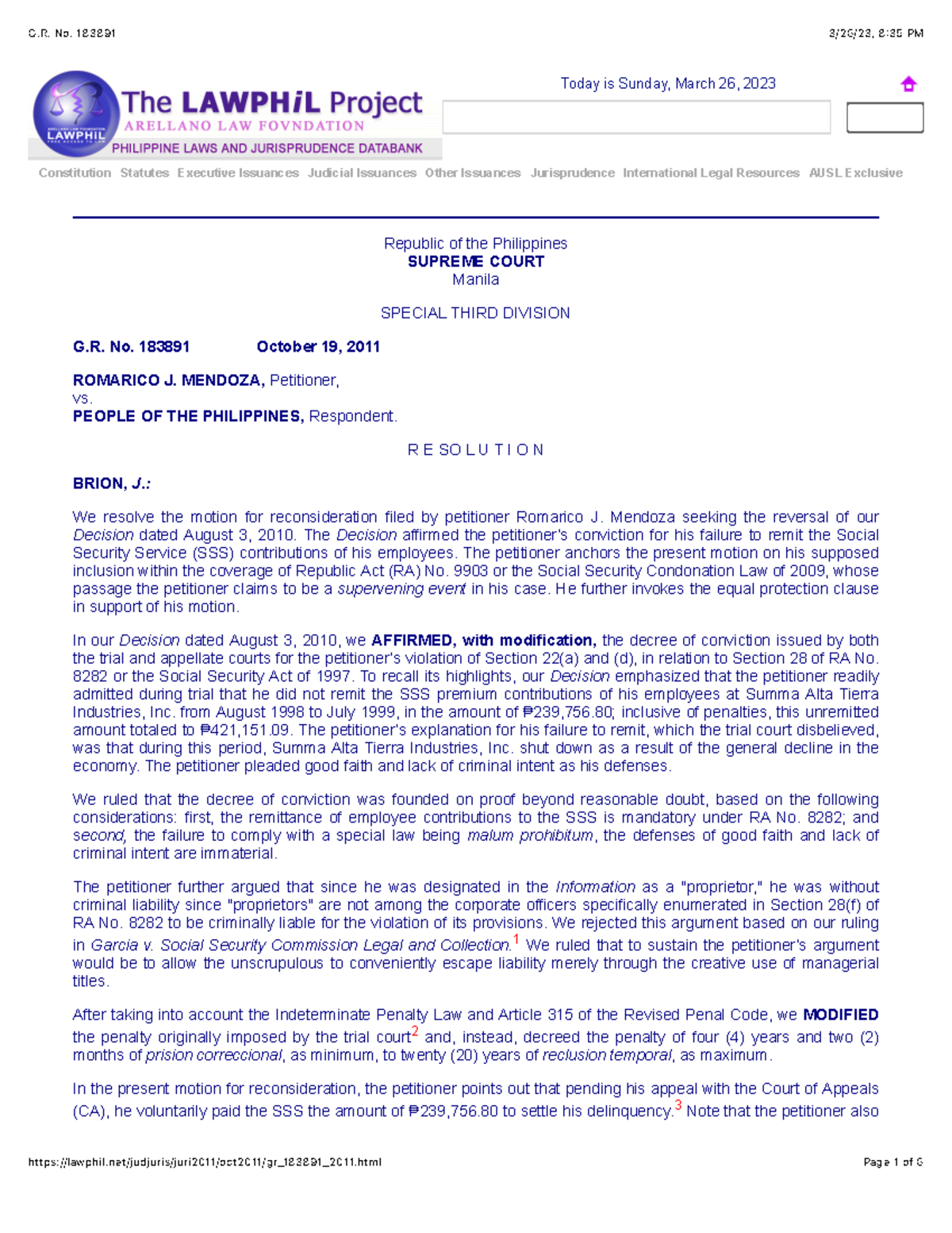 Mendoza v People - Case Sample - Constitution Statutes Executive ...