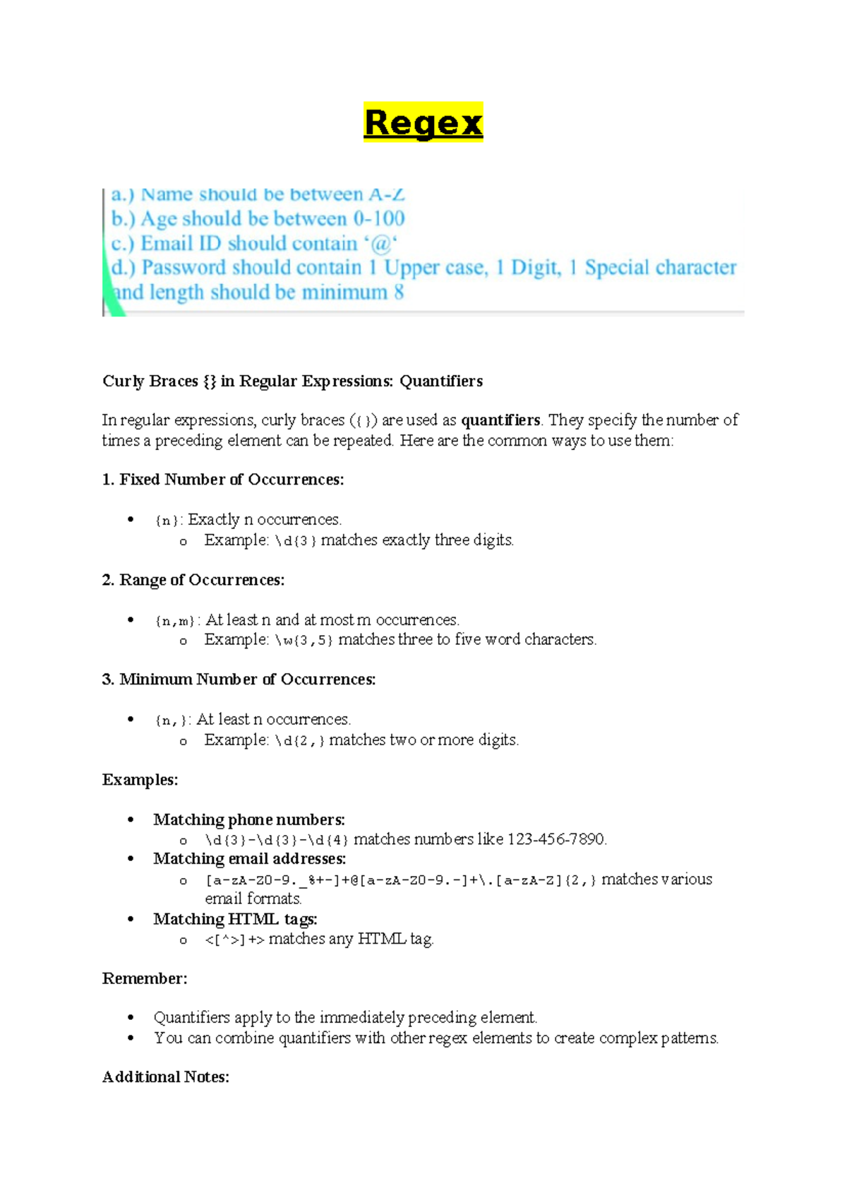 Regextyeqrwrwerwer - Regex Curly Braces {} in Regular Expressions: Quantifiers In regular - Studocu