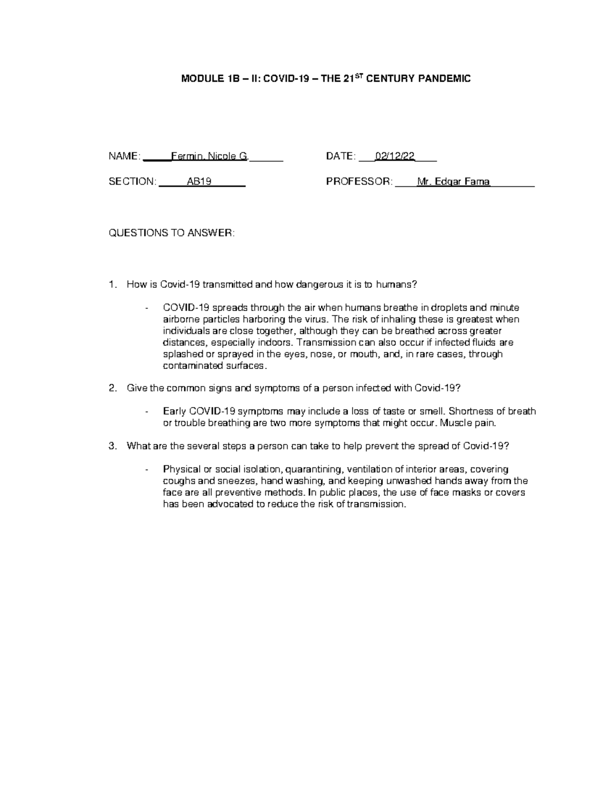 Fermin Activity 1-Covid 19 - MODULE 1B – II: COVID-19 – THE 21ST ...