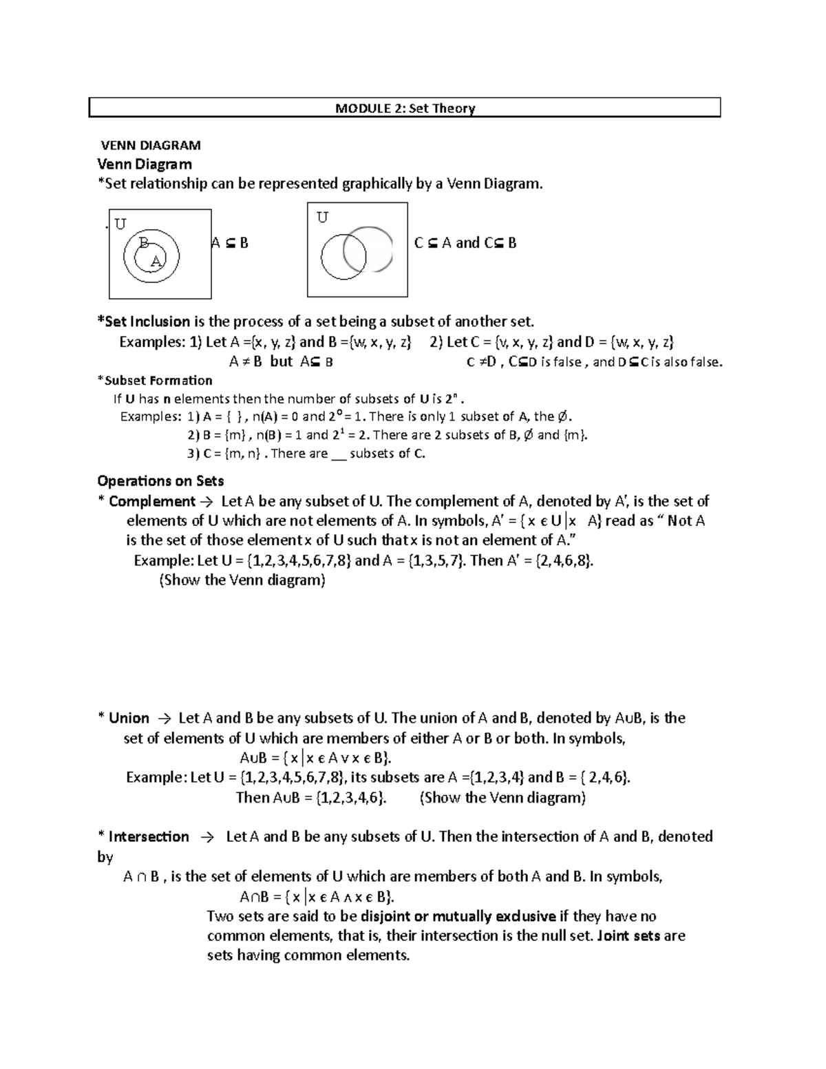 Set Theory - MODULE 2: Set Theory VENN DIAGRAM Venn Diagram *Set ...