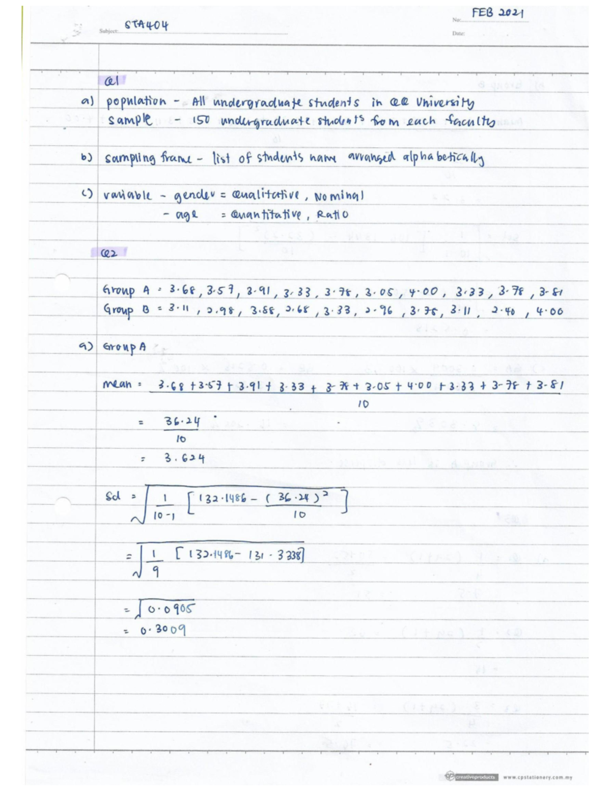 STA404 FEB21 - Final Year exercise - Statistic - Studocu