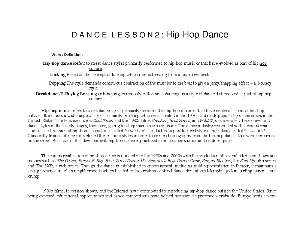 Lesson 2 - Hip-Hop Dance - D A N C E L E S S O N 2 : Hip-Hop Dance ...