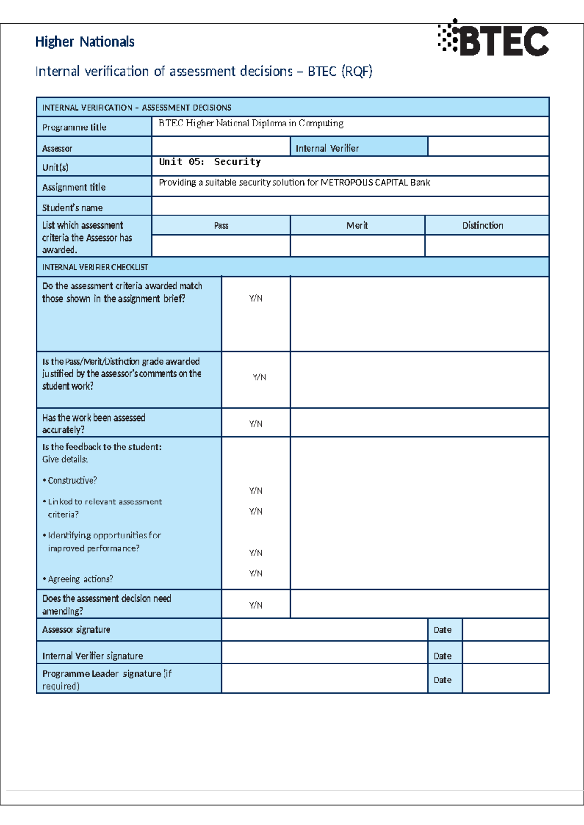 699219059 Unit 05 Security Assignment - Higher Nationals Internal verification of assessment ...