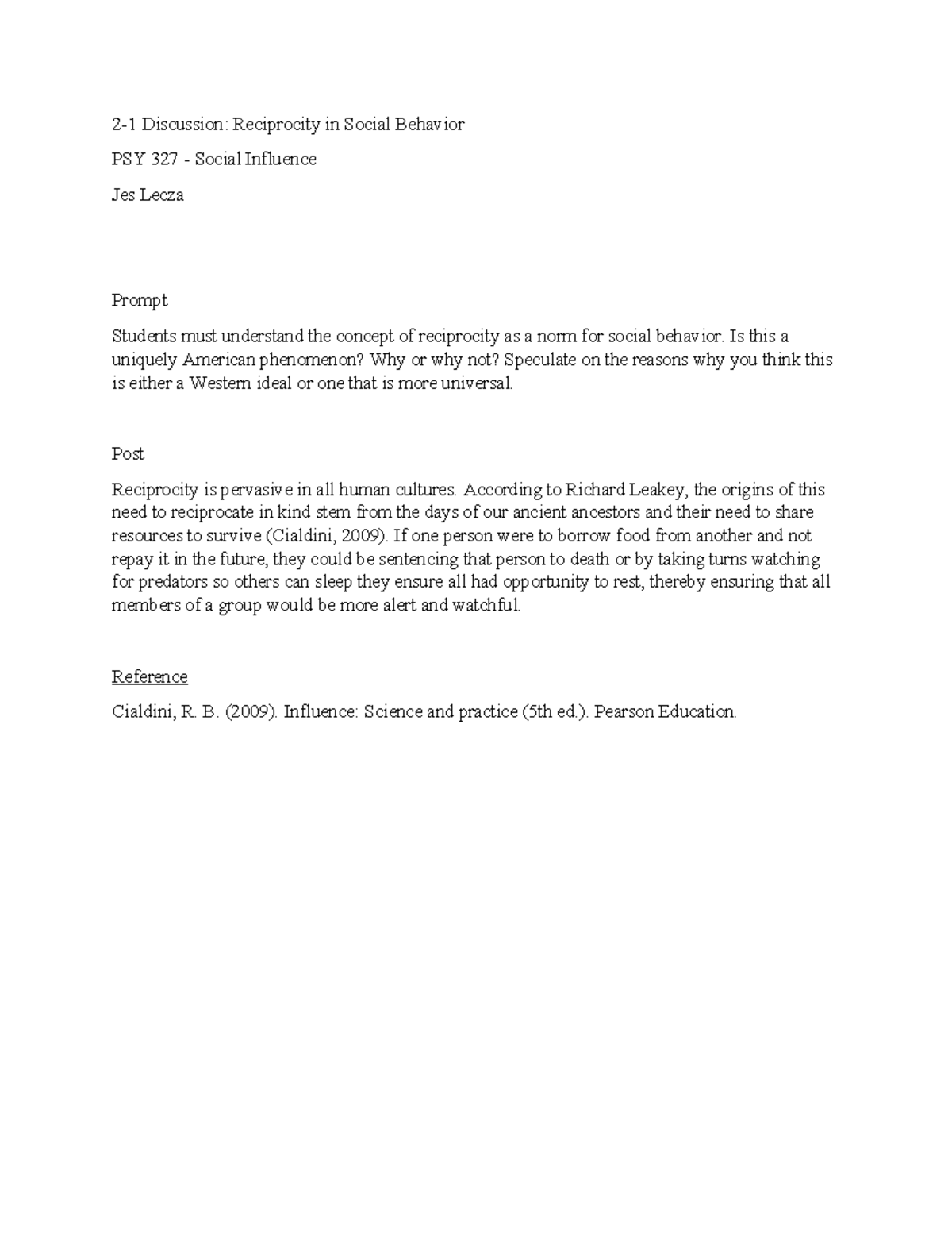 2-1 Discussion - Reciprocity in Social Behavior - 2-1 Discussion ...