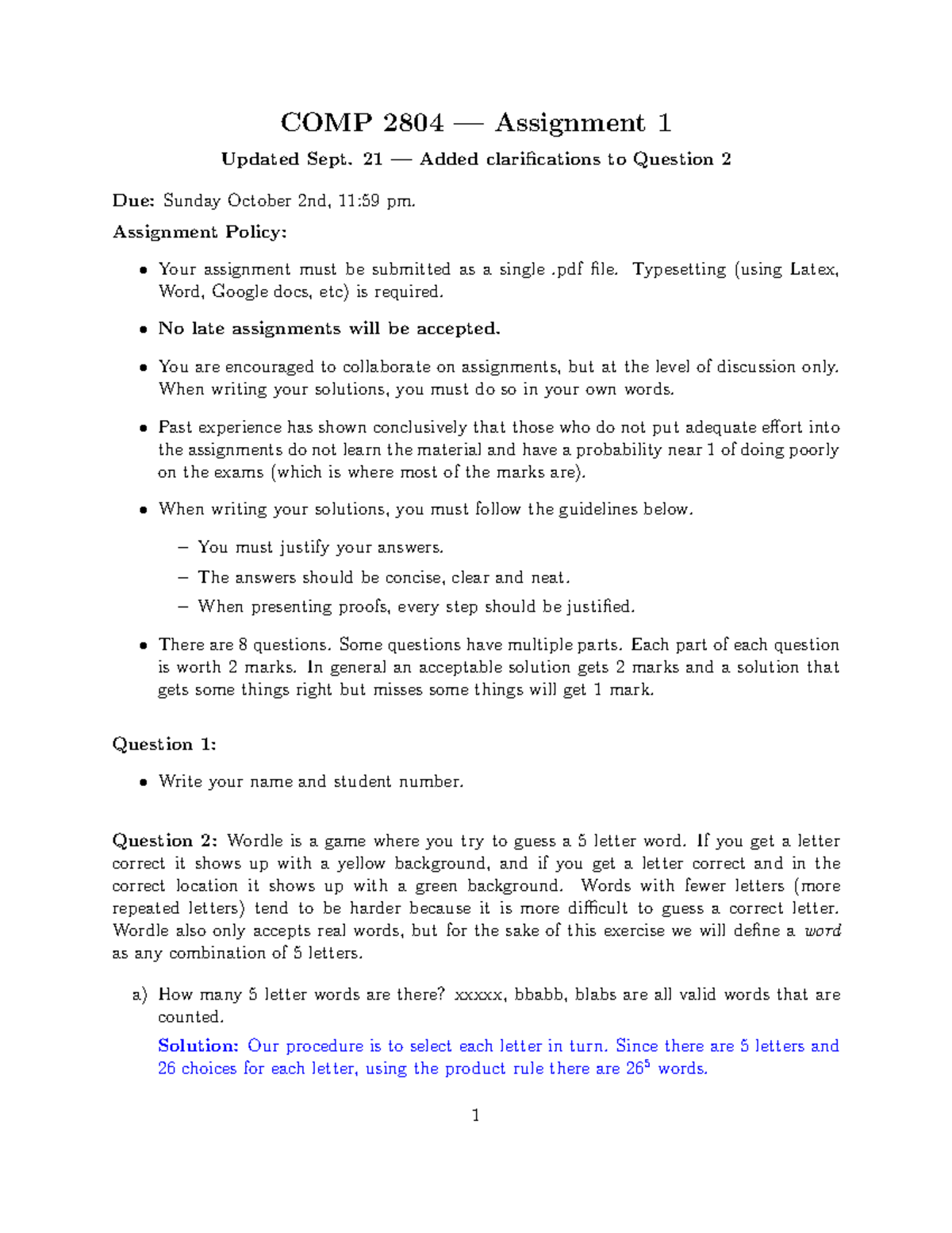 Fall 2022 Assignment 1 Solutions - COMP 2804 — Assignment 1 Updated Sept. 21 — Added ...