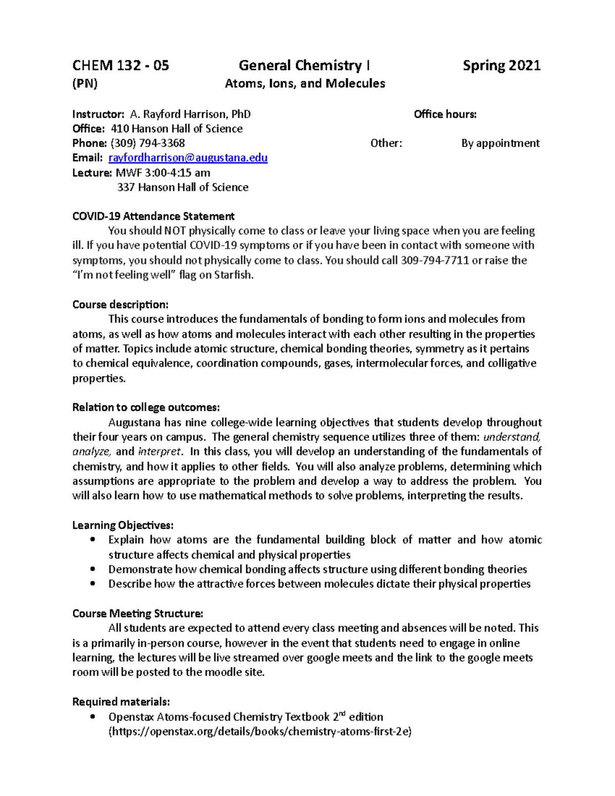 CHEM 132 Syllabus (Spring 2021) - CHEM 132 - 05 General Chemistry I ...