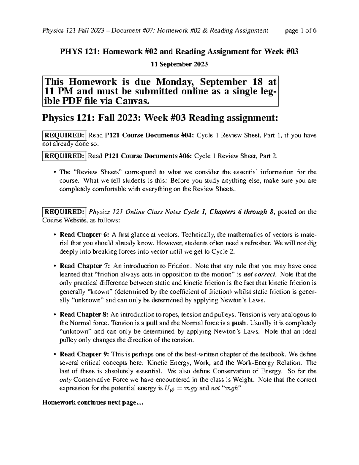 P121 fall2023 07 - 3rd homework - PHYS 121: Homework #02 and Reading ...
