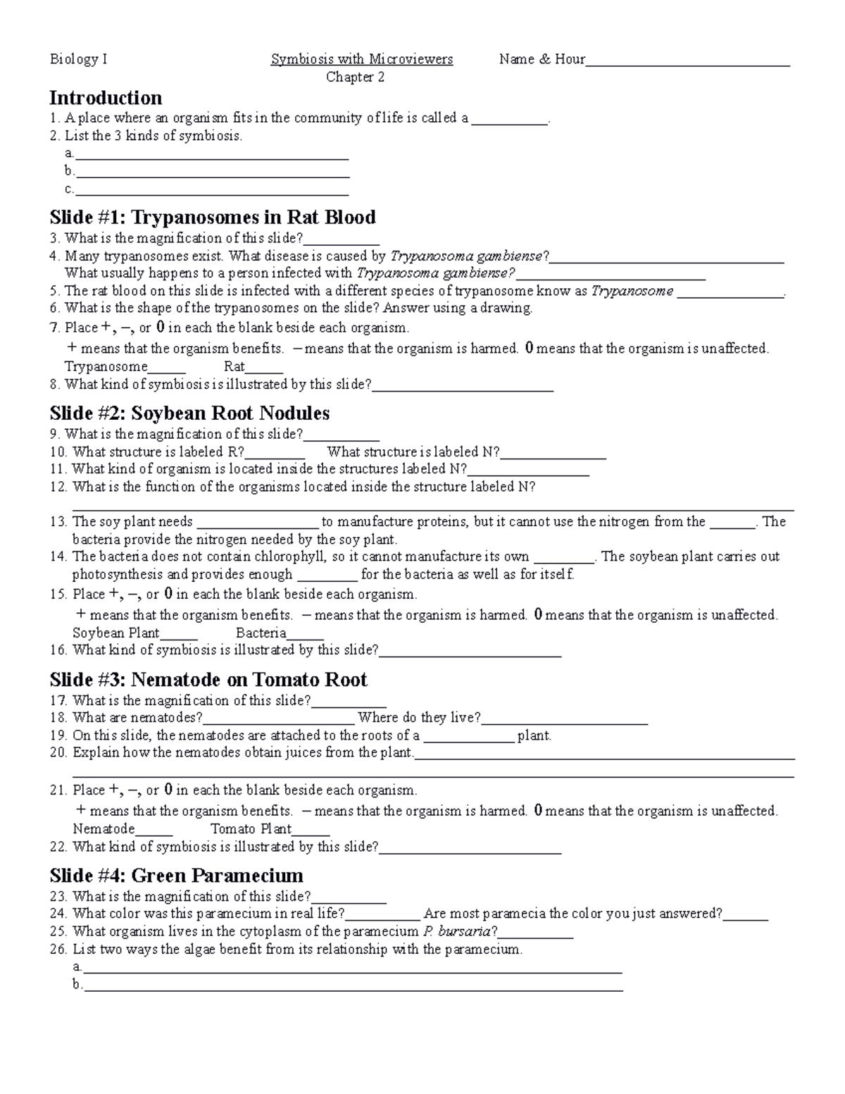 Symbiosis Lab; BJ - a worksheet - Biology I Symbiosis with Microviewers ...