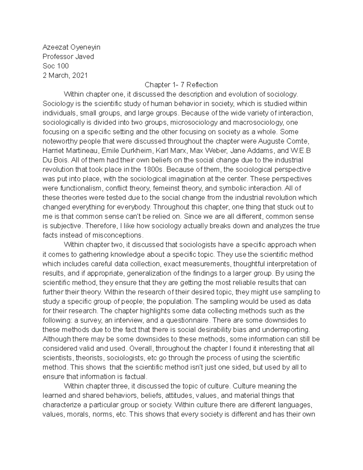 Chapter 1 - 7 Reflection - Azeezat Oyeneyin Professor Javed Soc 100 2 ...