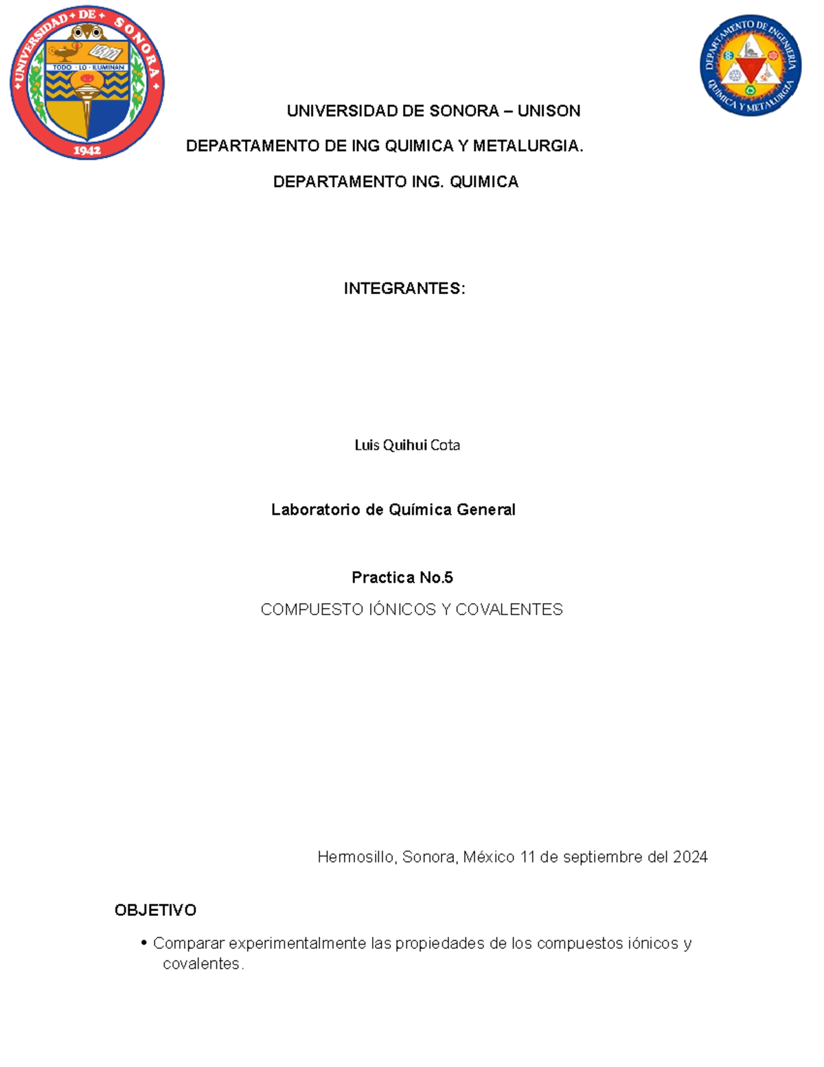 Reporte Quimica 4 Universidad De Sonora Unison Departamento De Ing