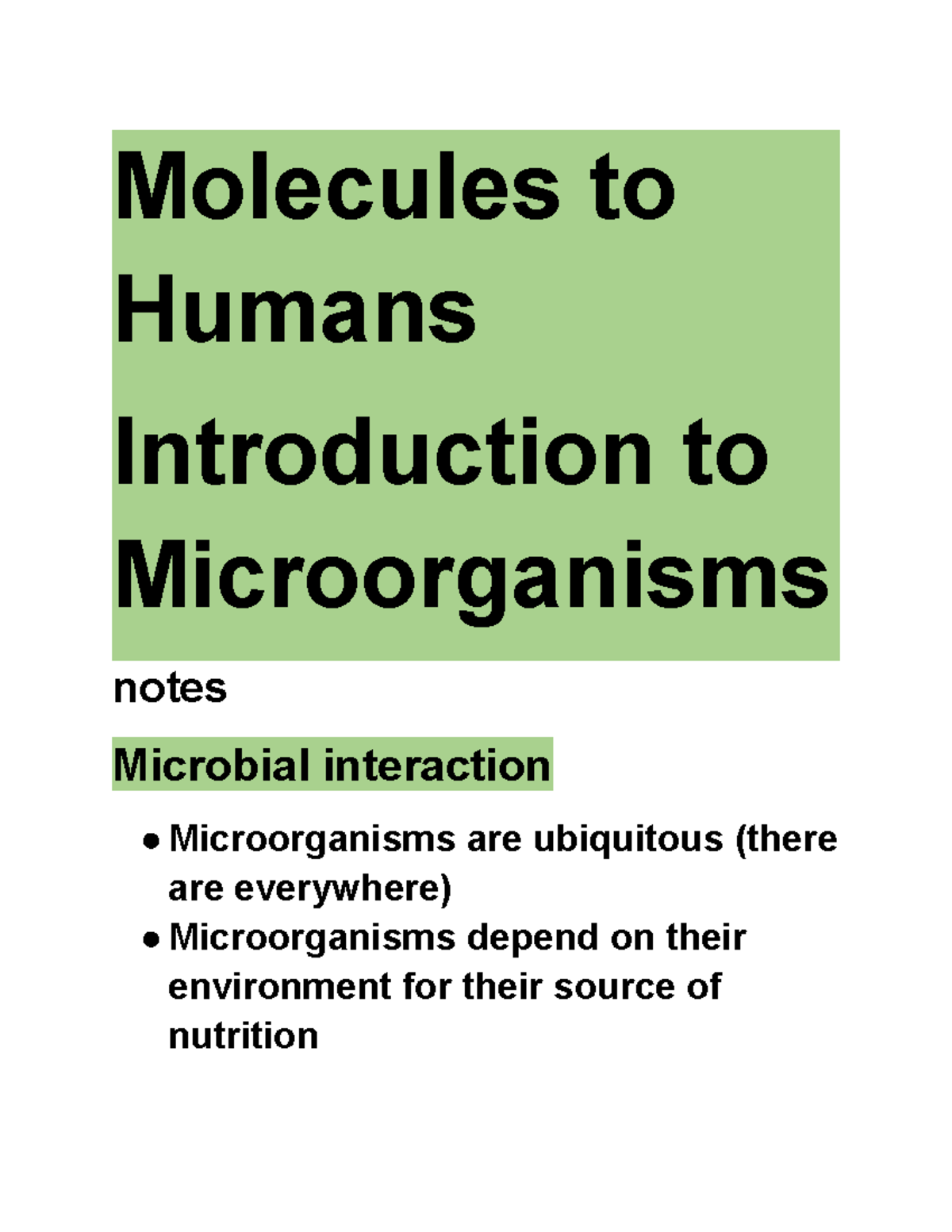 intro to microorganism - Molecules to Humans Introduction to ...