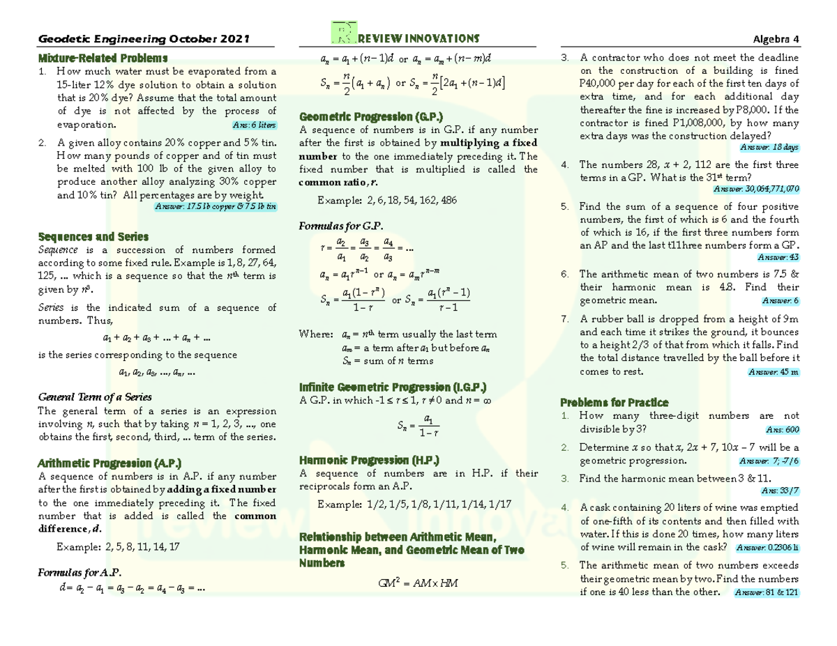 College Algebra 4 - Geodetic Engineering October 2021 Review ...