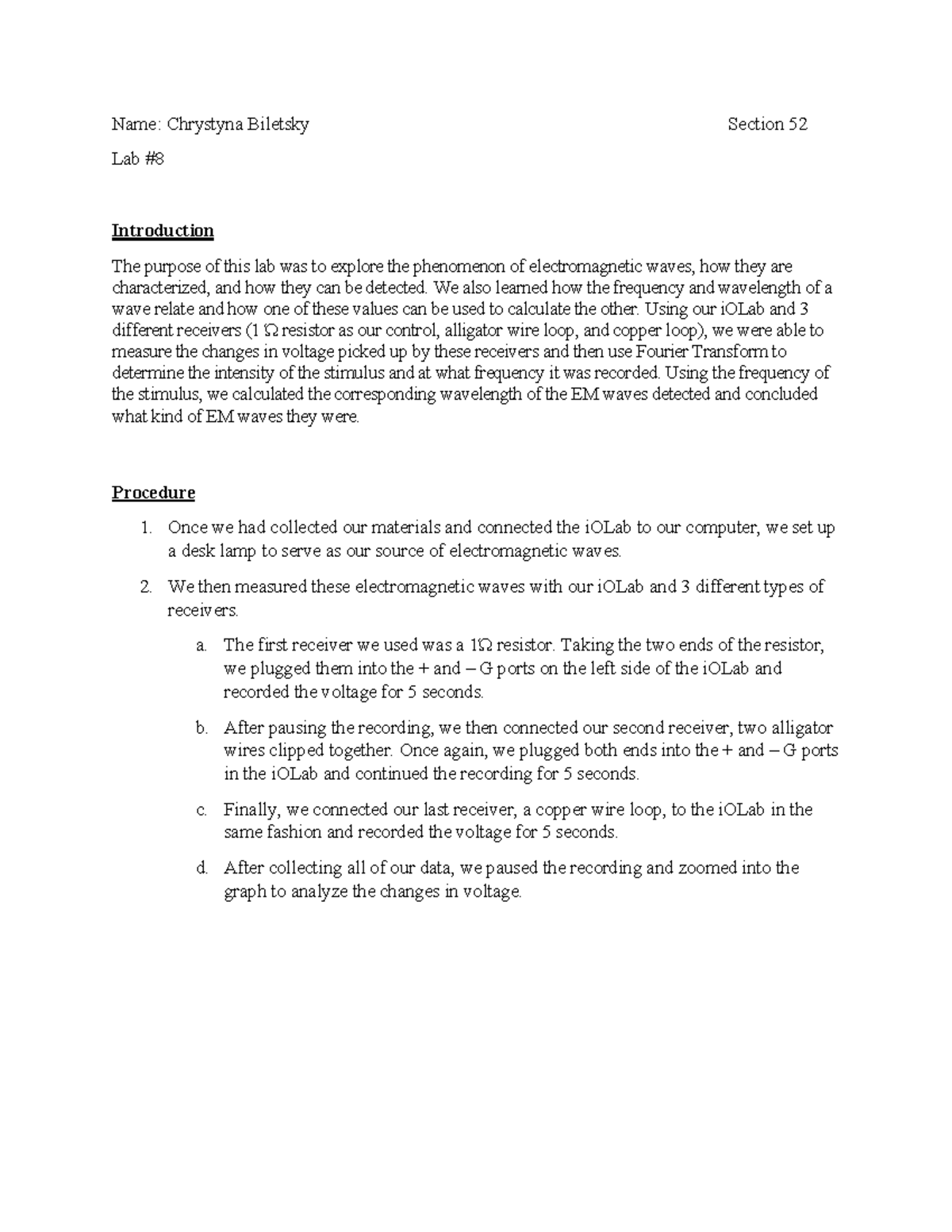 Lab 8- Electromagnetic Waves - Name: Chrystyna Biletsky Section 52 Lab ...