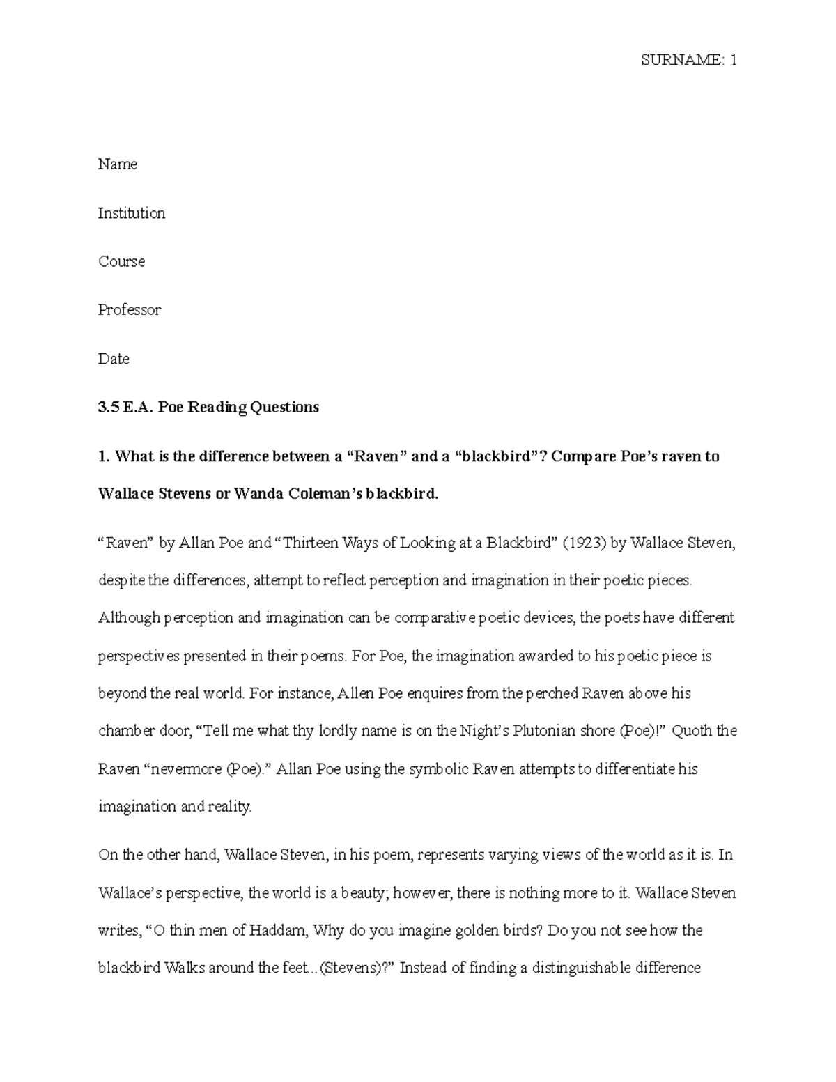 Raven by Edgar Allan Poe - SURNAME: 1 Name Institution Course Professor ...