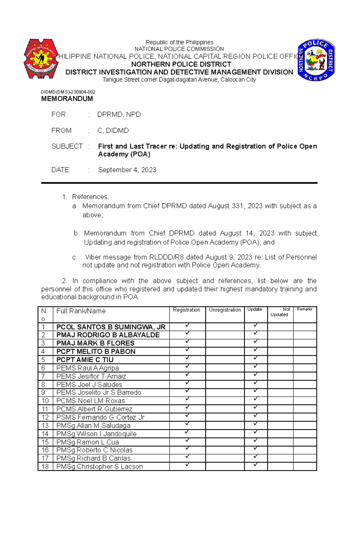 First and Last Tracer - References: a. Memorandum from Chief DPRMD ...