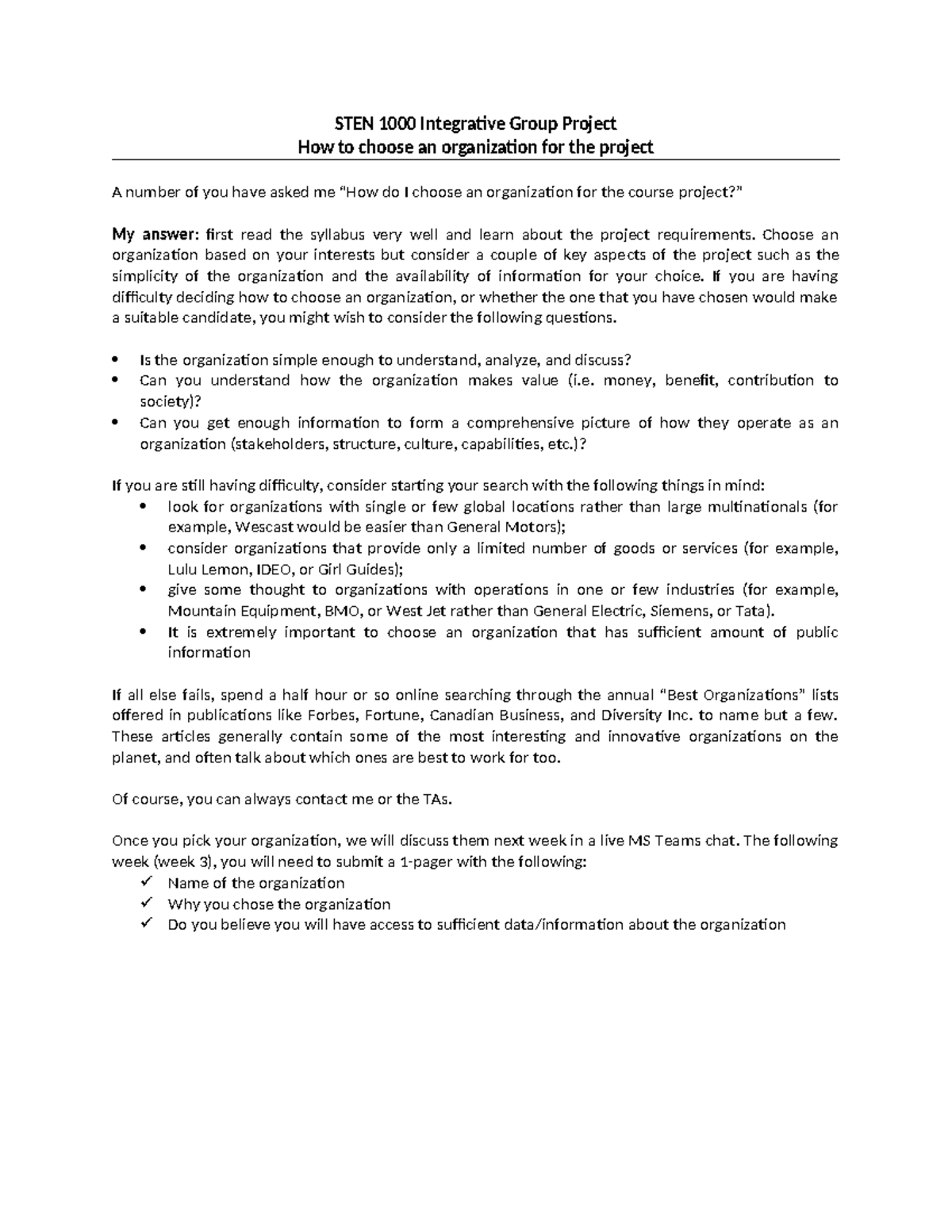 STEN-1000 - How to Choose an Organization for the Course Project - STEN ...