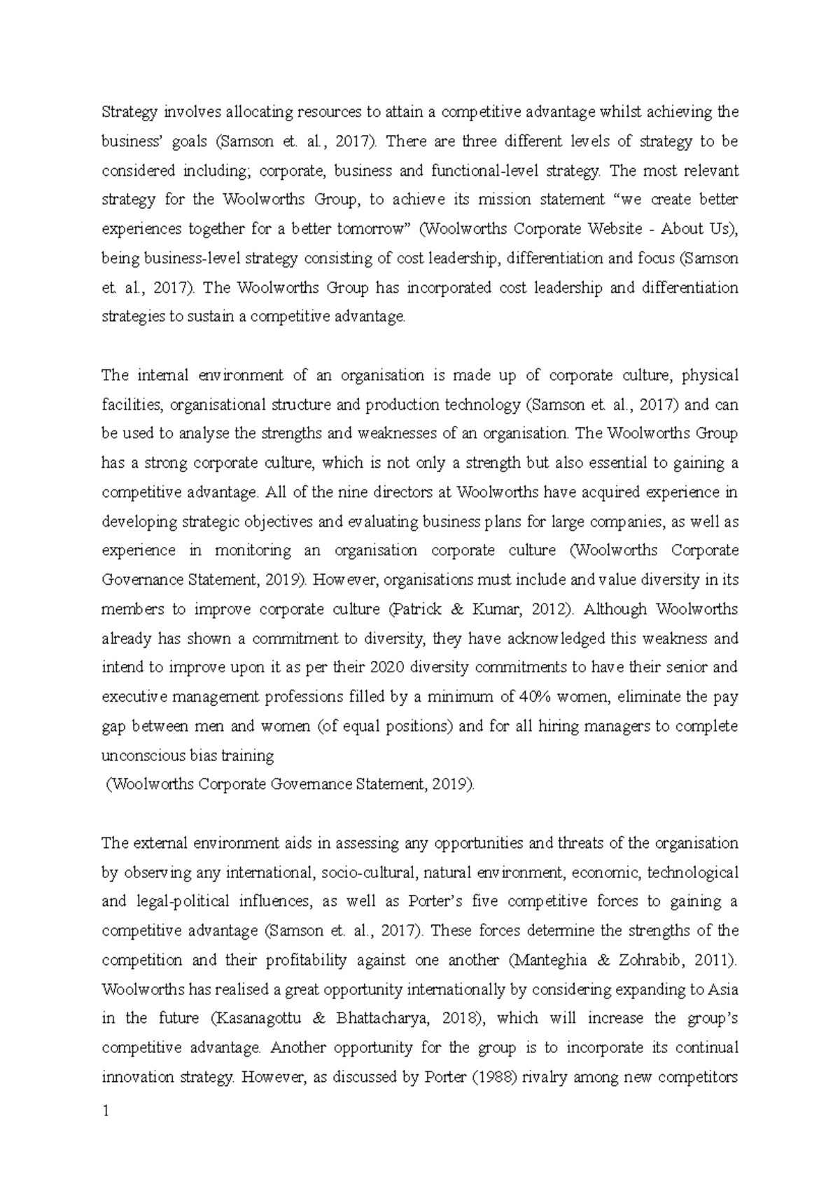 Woolworths essay - management - Strategy involves allocating resources ...