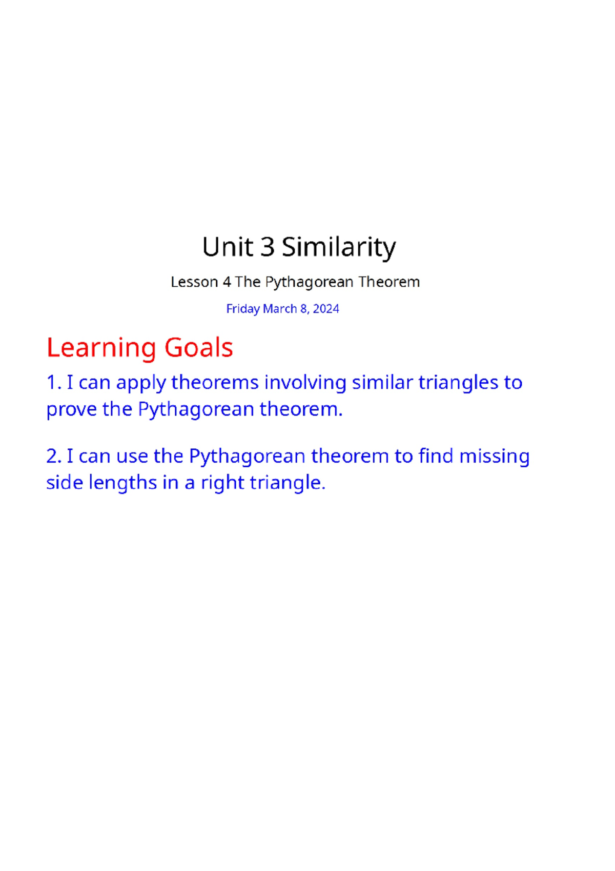 Unit 3 lesson 4 the Pythagorean theorem - Studocu