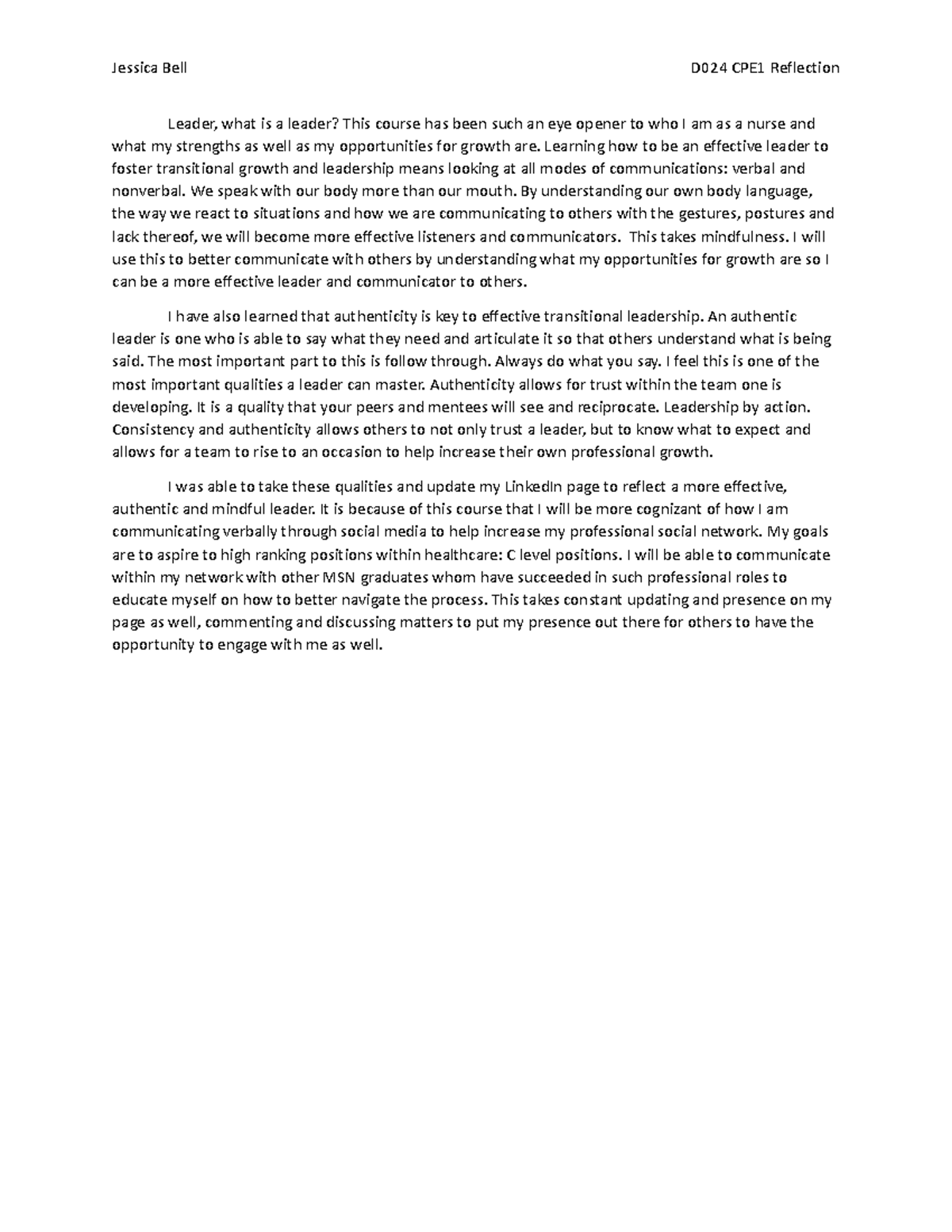 CPE 1 reflection paper - Jessica Bell D024 CPE1 Reflection Leader, what ...