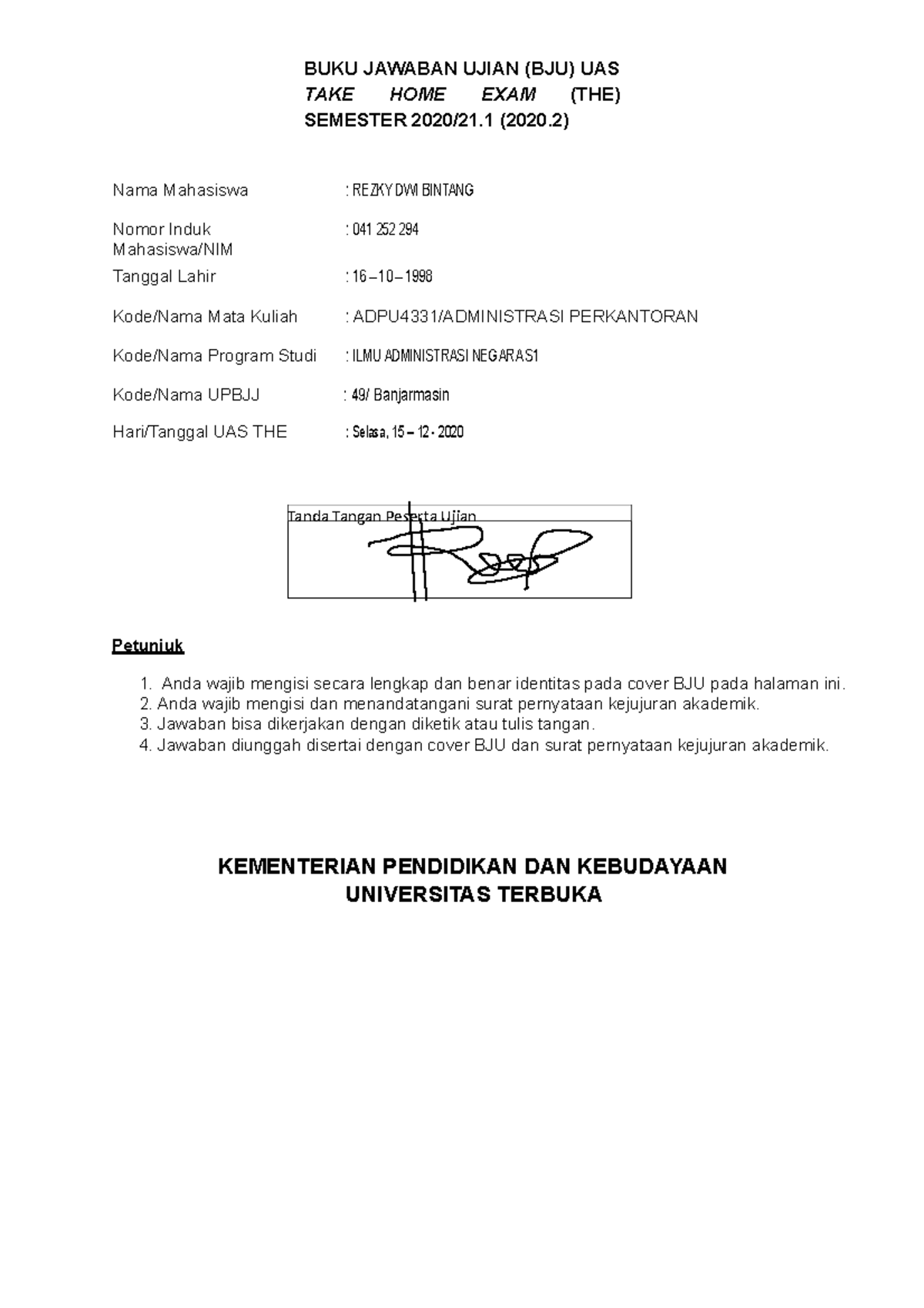 041 252 294 Administrasi Perkantoran - Tanda Tangan Peserta Ujian BUKU JAWABAN UJIAN (BJU) UAS ...