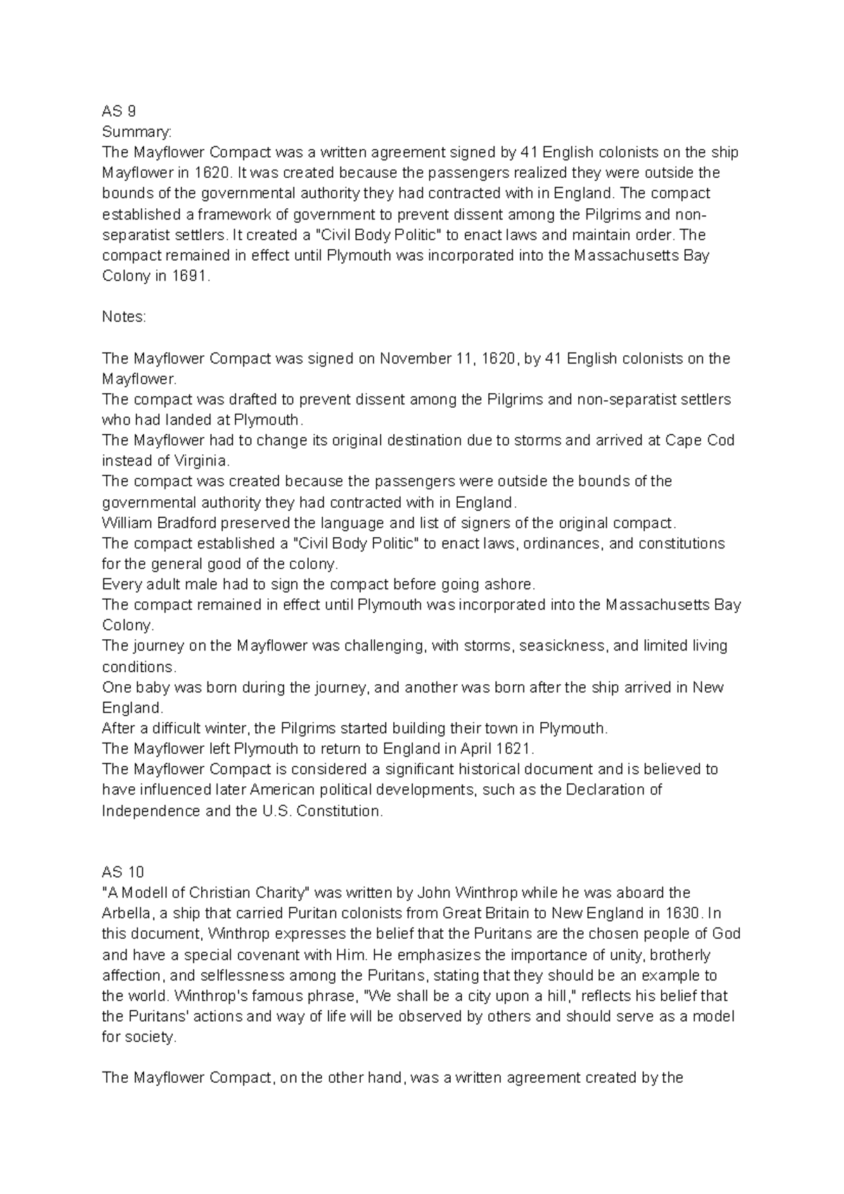 Theology part 2 - Notes - AS 9 Summary: The Mayflower Compact was a ...