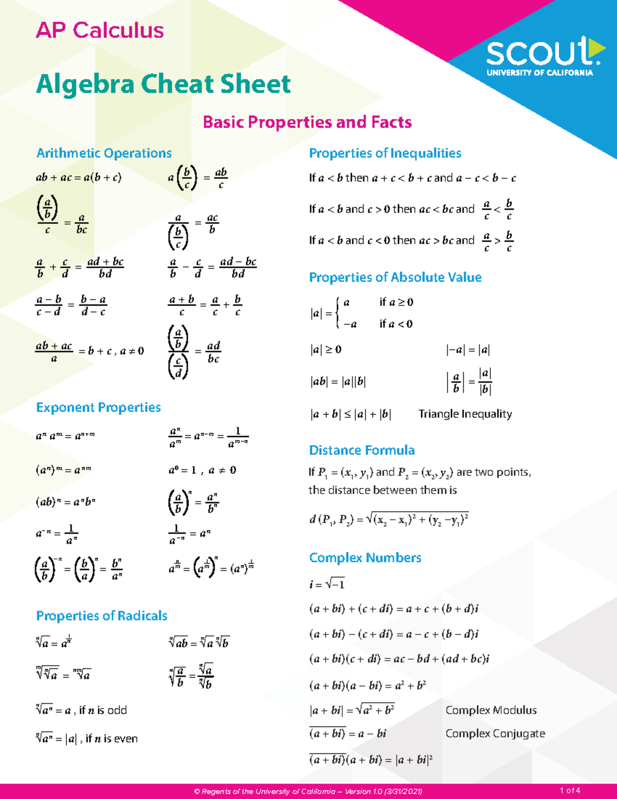 Apcalc Algebra Cheat Sheet - AP Calculus © Regents of the University of ...