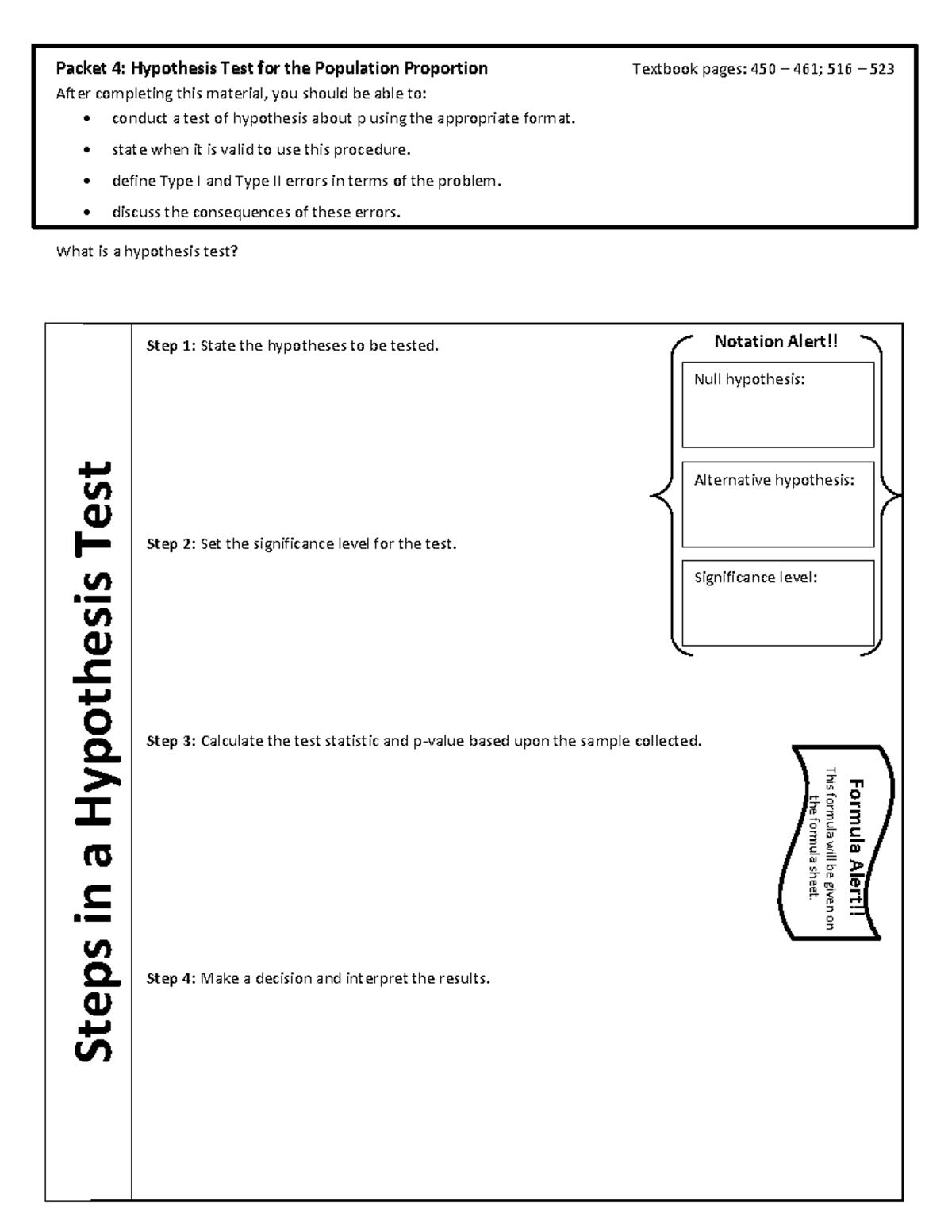 Packet 4 - Hypothesis Test for P - Packet 4: Hypothesis Test for the ...