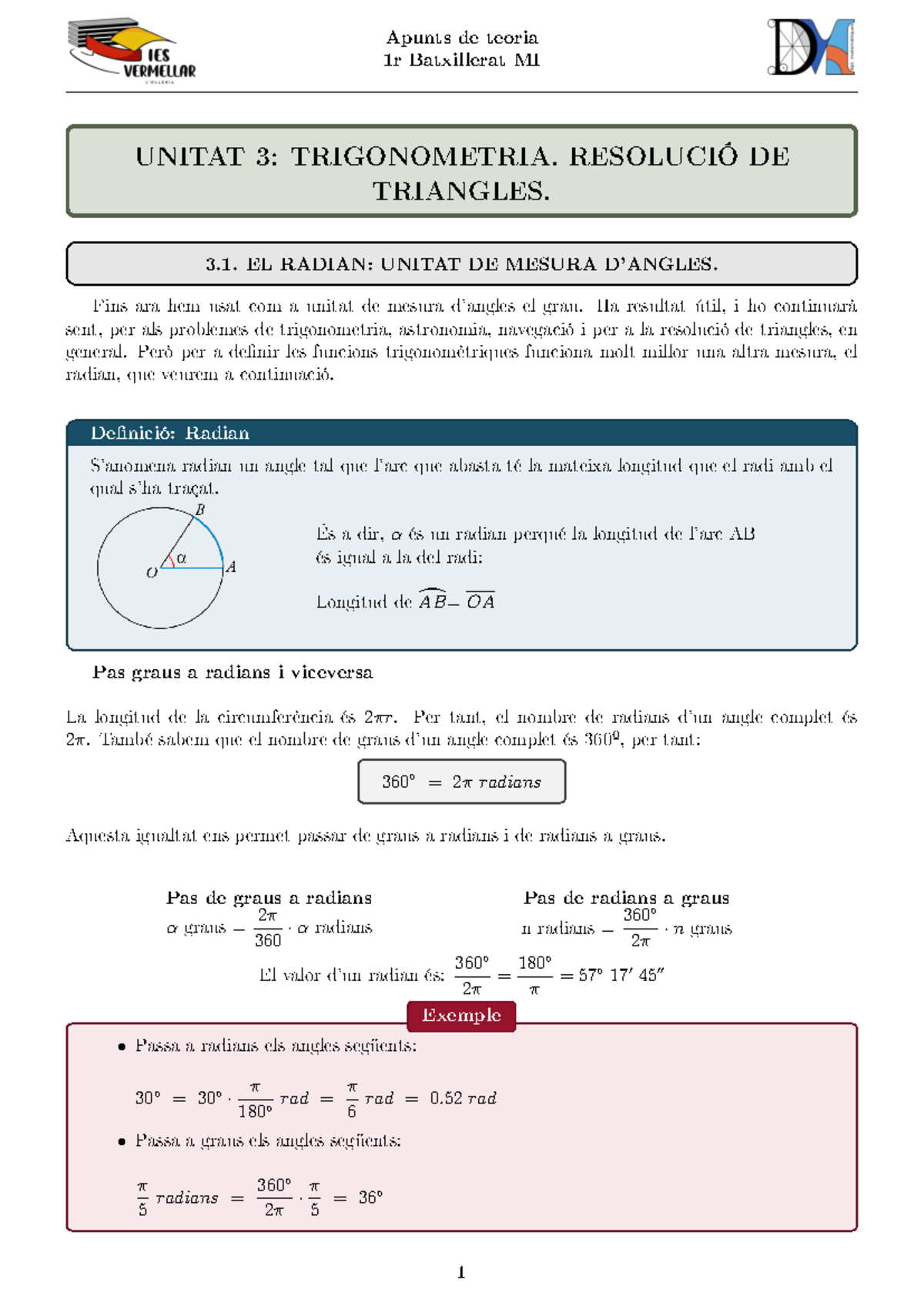 Apunts Trigonometria 1 - 1r Batxillerat MI UNITAT 3: TRIGONOMETRIA ...