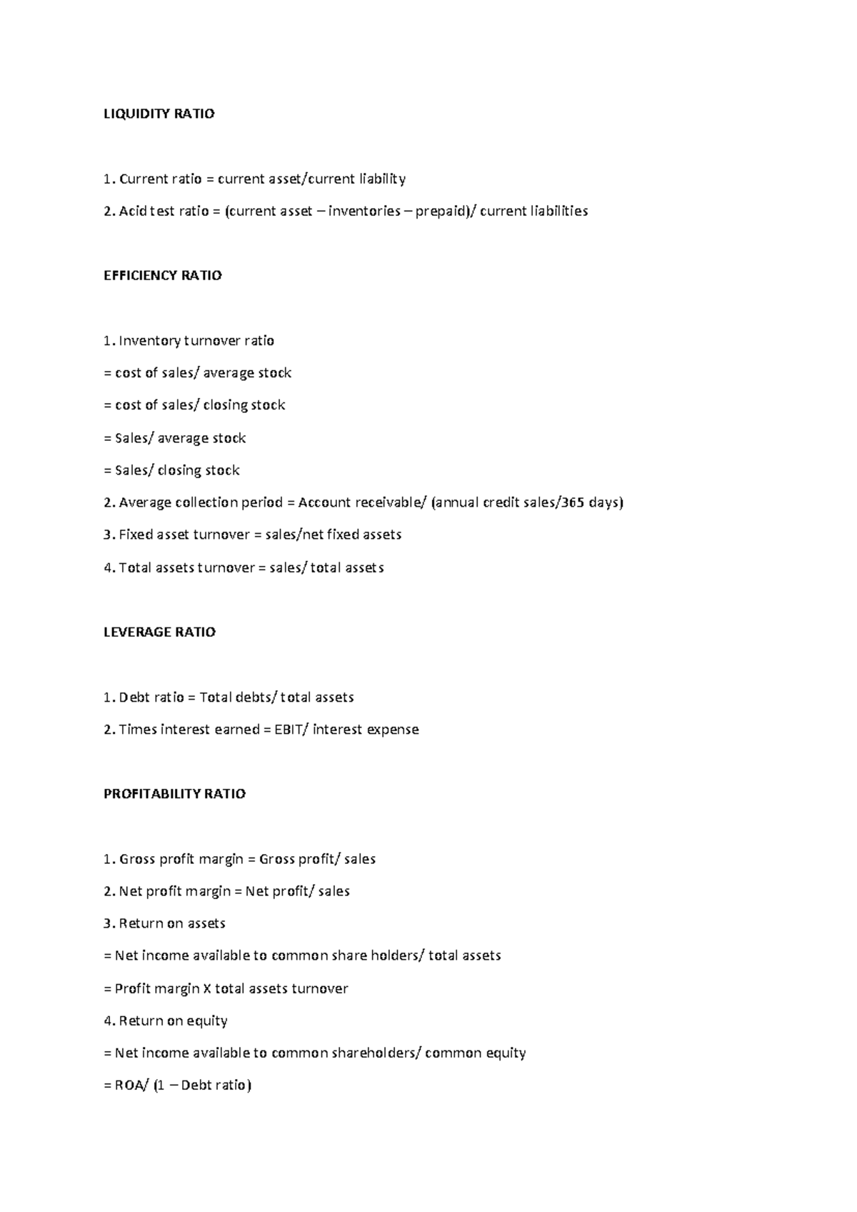 Ratios - Summary Financial Statement Analysis - LIQUIDITY RATIO Current ...