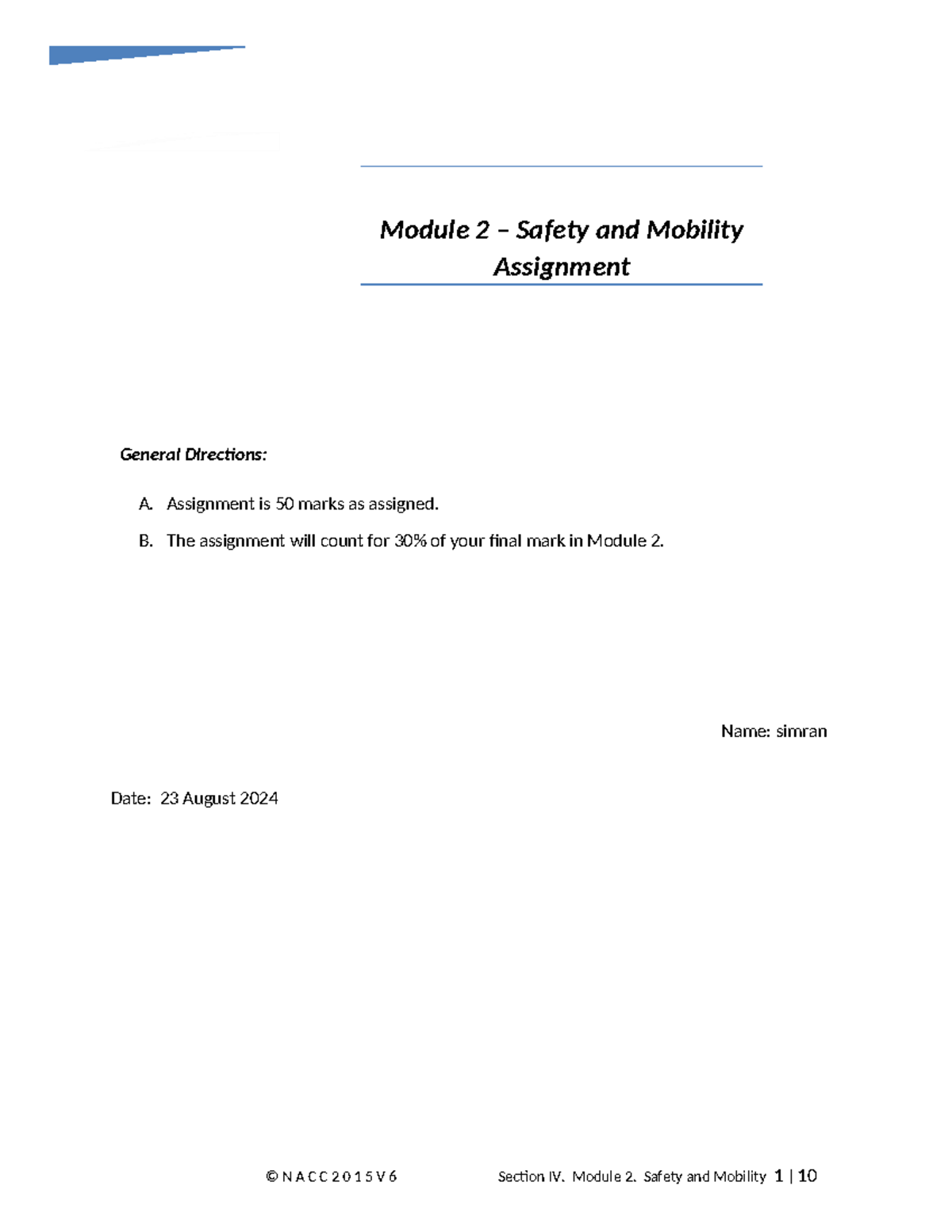Safety-Mobility-Assignment (1) - Module 2 – Safety and Mobility ...