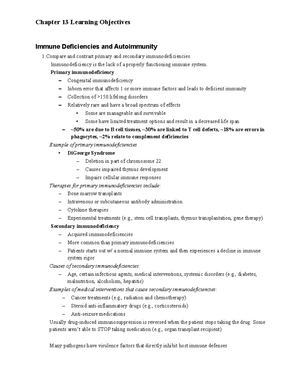 Chapter 13 Learning Objectives 223 - Chapter 13 Learning Objectives Immune Deficiencies and ...