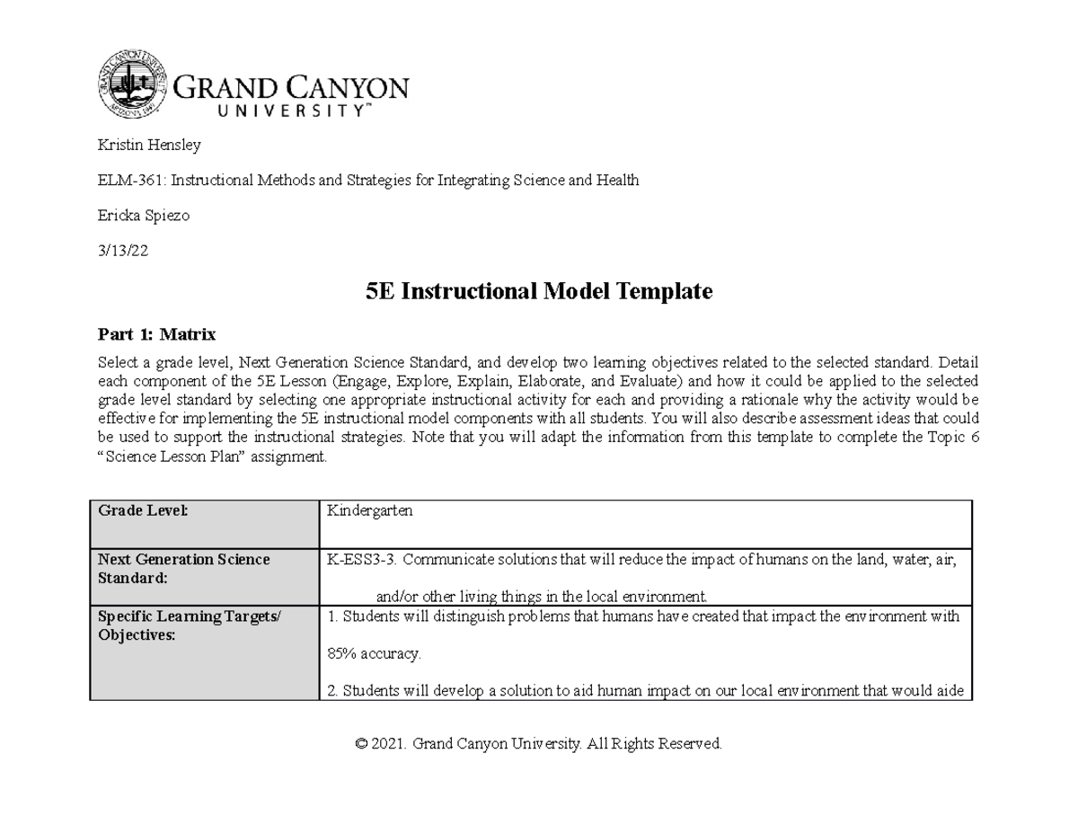 ELM361 GCU T2 Week 2 Assignment 5E Instructional Model - Kristin Hensley Instructional Methods ...