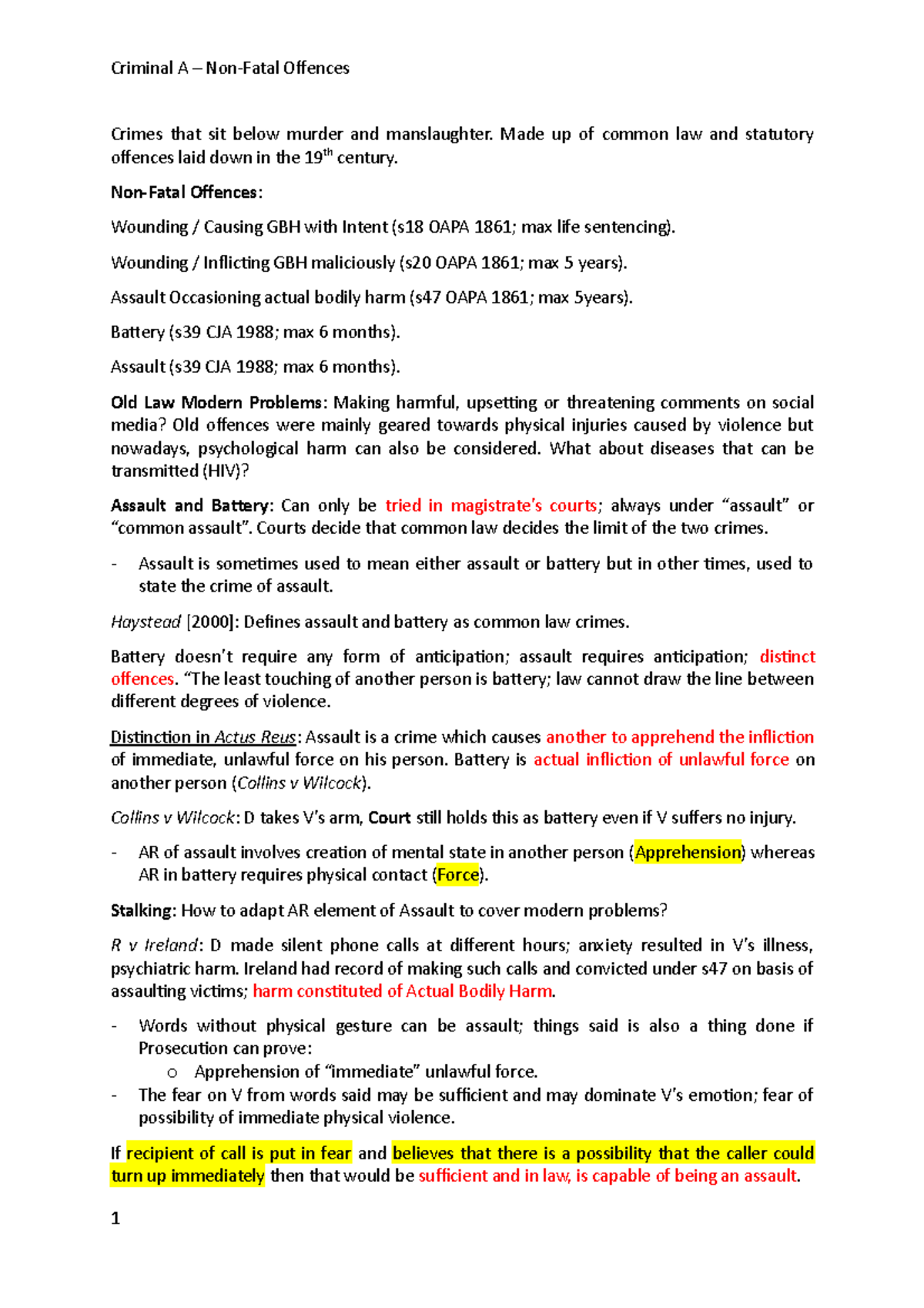 Criminal Law A - Non-Fatal Offences - Crimes that sit below murder and ...