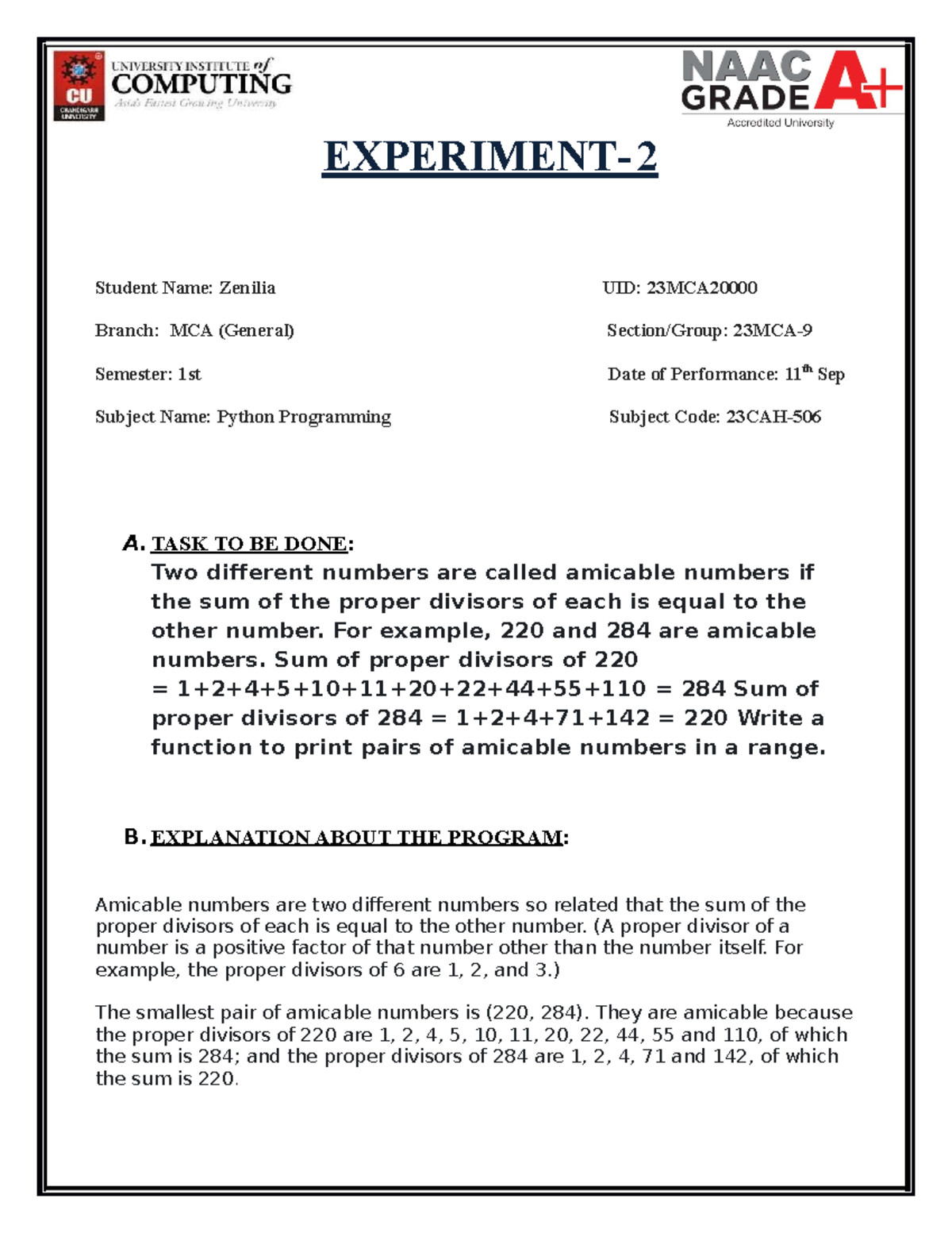 Python ass 3 - EXPERIMENT- Student Name: Zenilia UID: 23MCA Branch: MCA (General) Section/Group ...