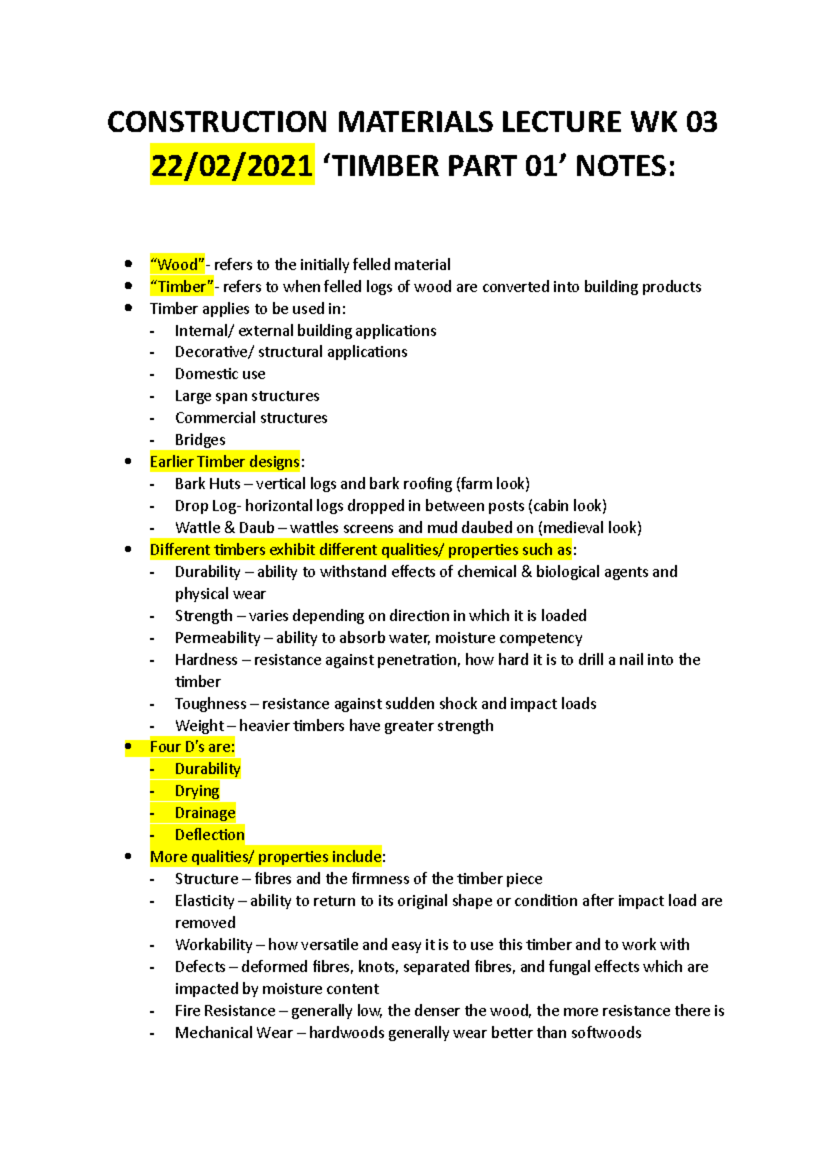 Timber PT 01 Notes - CONSTRUCTION MATERIALS LECTURE WK 03 22/02/2021 ...