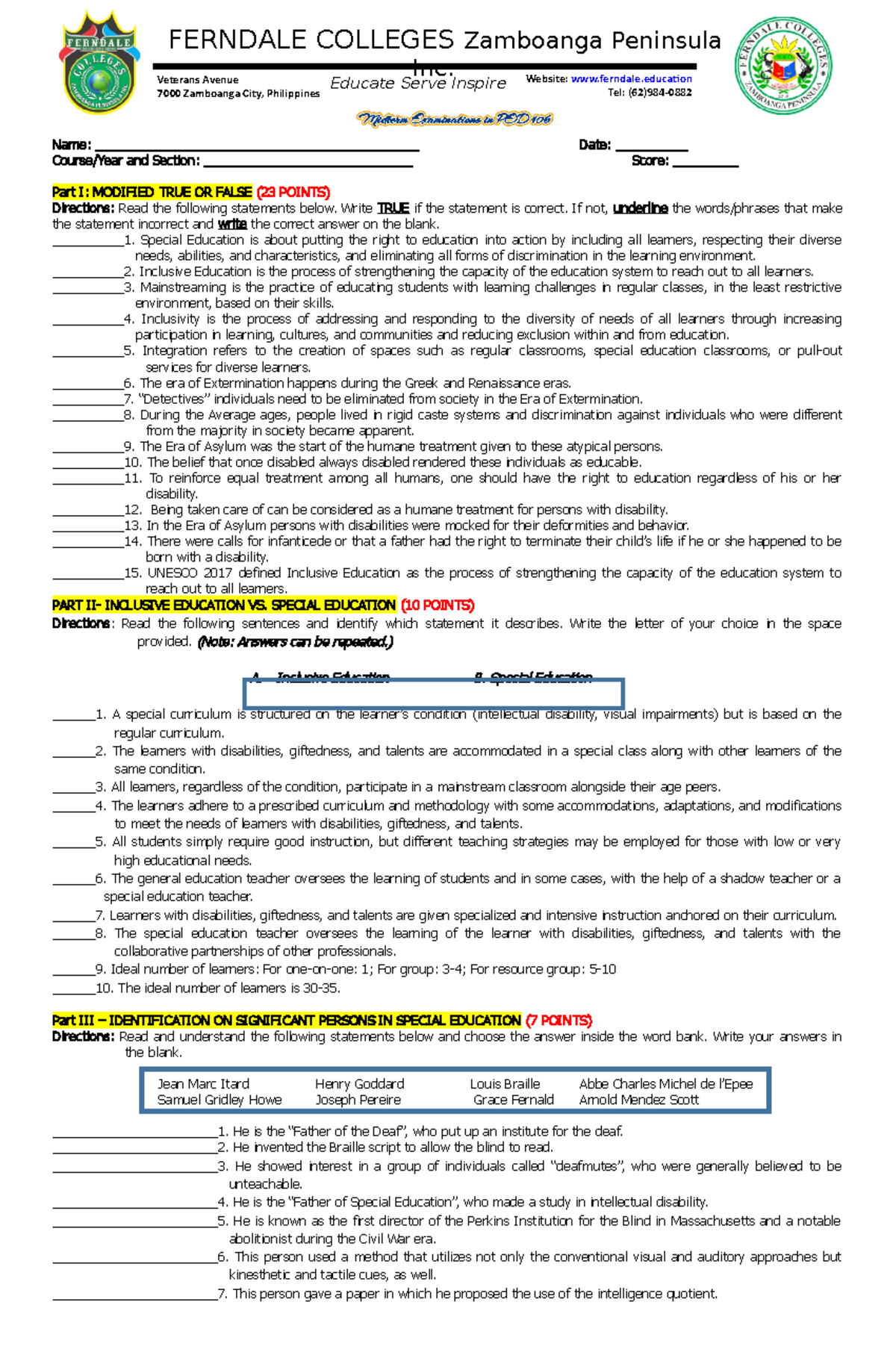 PED 106- Midterm - Example sample only. - Name