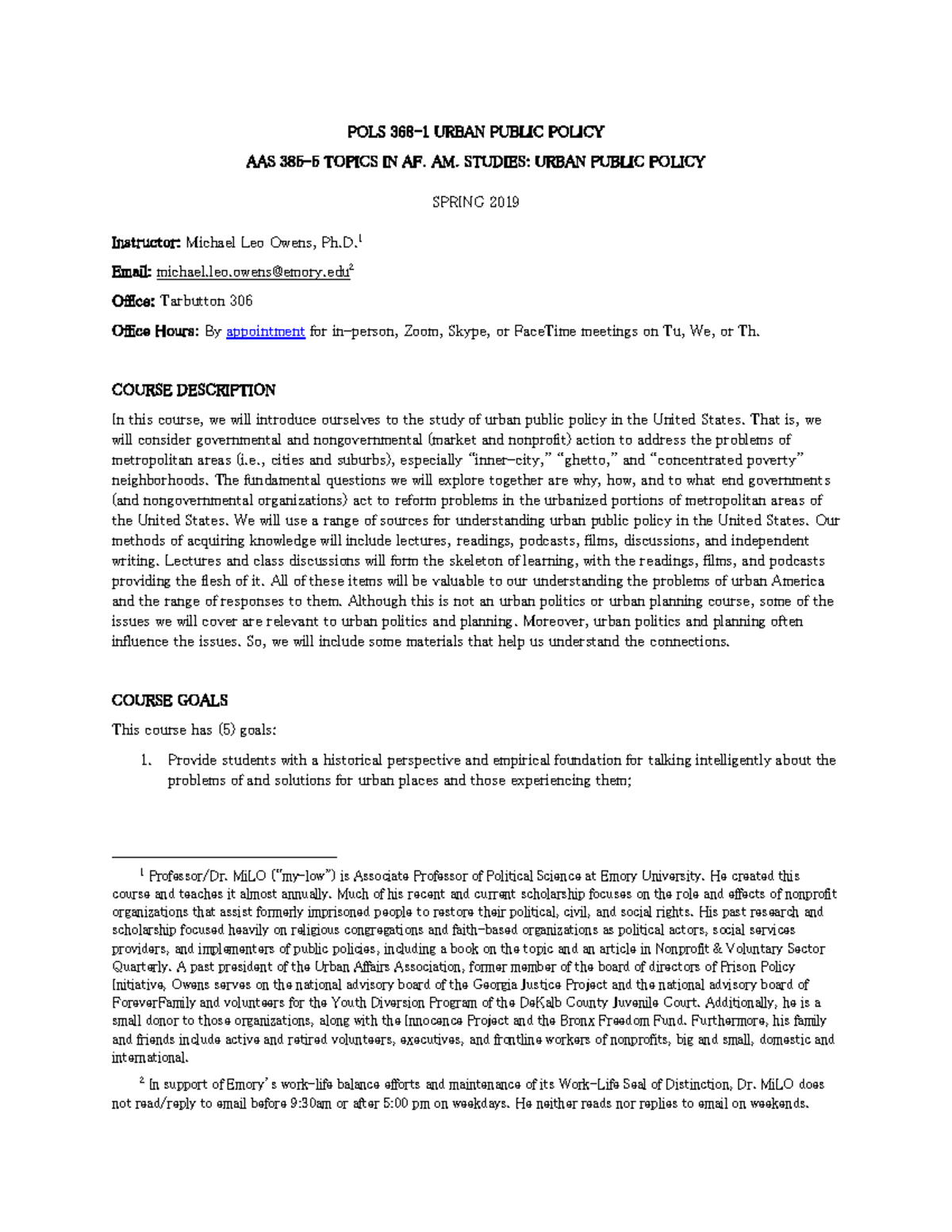 Urban Policy Syllabus 2019 - POLS 368-1 URBAN PUBLIC POLICY AAS 385-5 ...