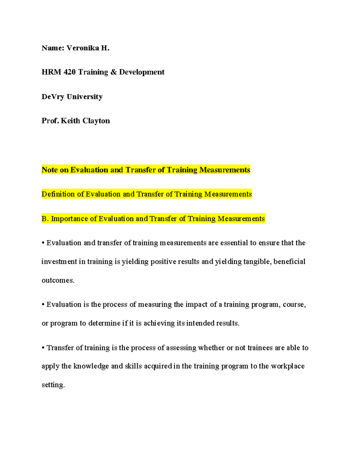 Evaluation and Transfer of Training Measurements - Namе: Vеronika H ...