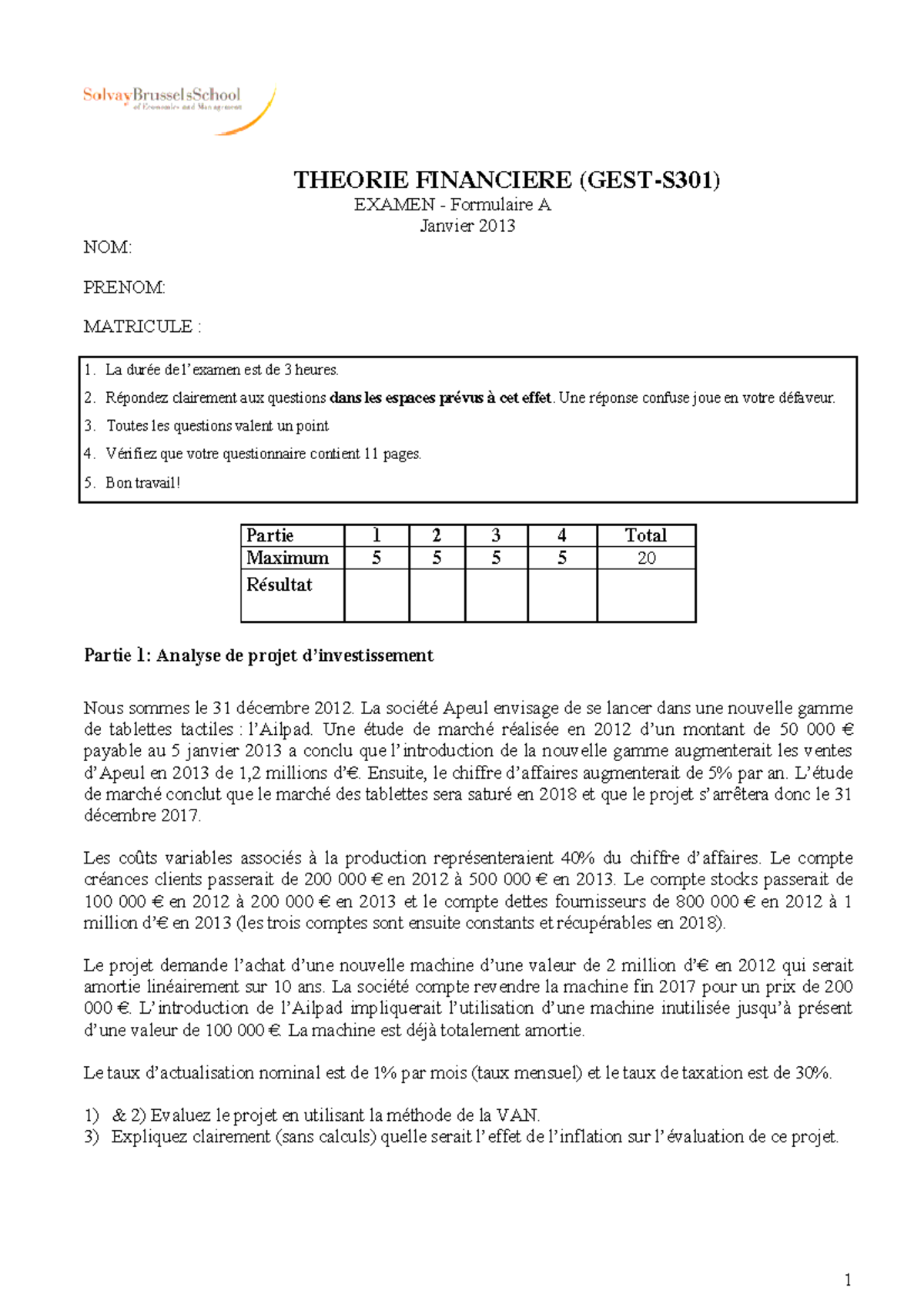 Examen 2013, questions - finance 2010 et 2013 - THEORIE FINANCIERE ...