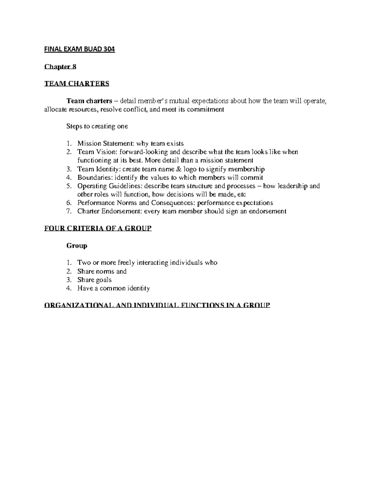 Final EXAM FOR Austin - Warning: TT: undefined function: 32 FINAL EXAM BUAD 304 Chapter 8 TEAM ...